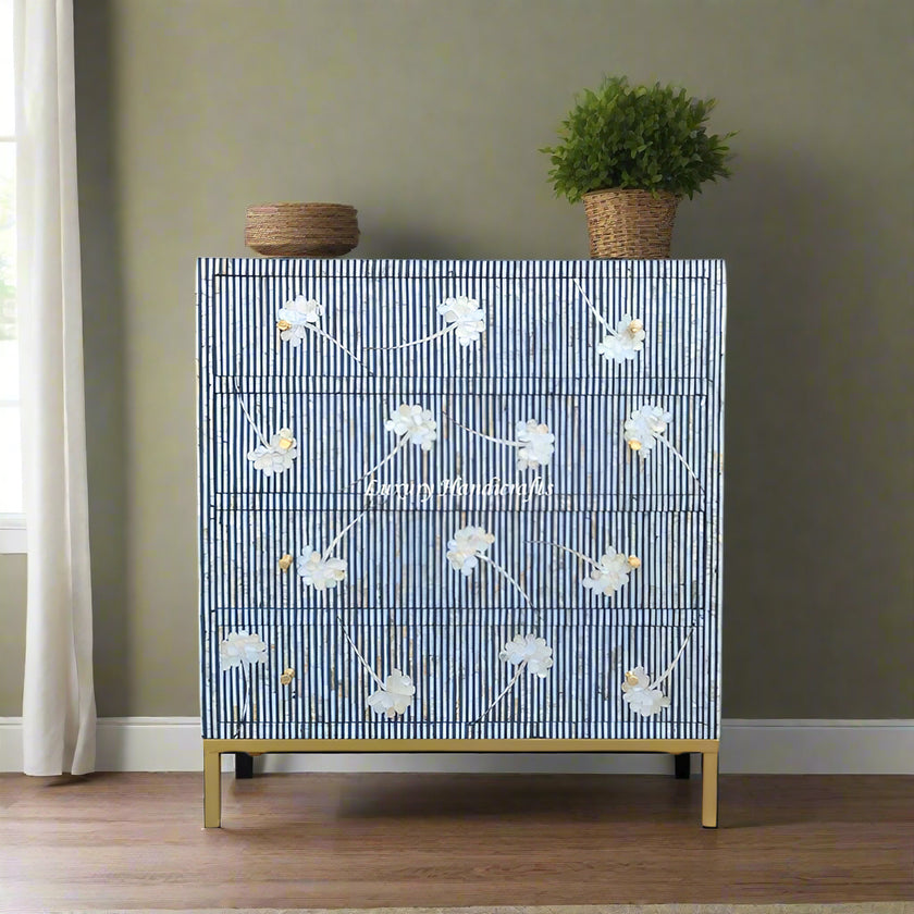 Ada Mother of Pearl Inlay Chest of 4 Drawers Blue – Luxury Handicraft