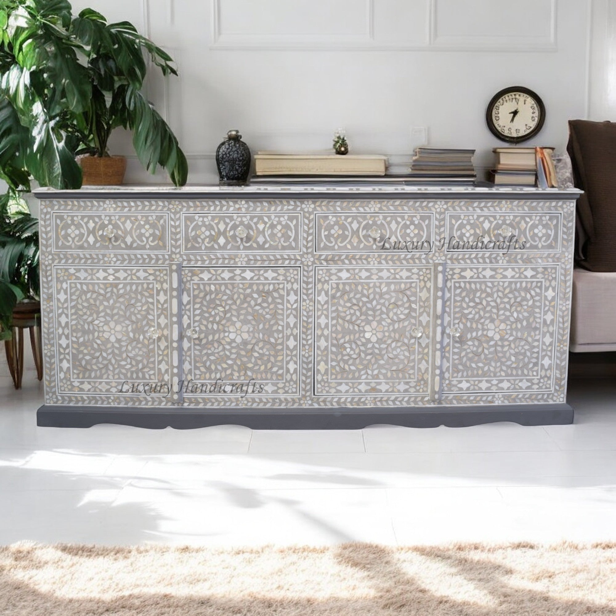 Arabic Mother Of Pearl Inlay Cabinet Light Grey – Luxury Handicraft