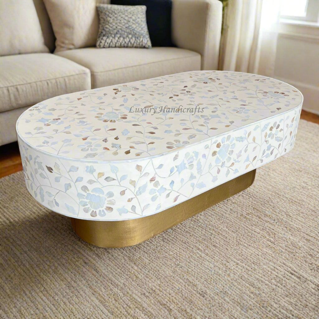 Blooming Flowers MOP Inlay Coffee Table Beige – Luxury Handicraft