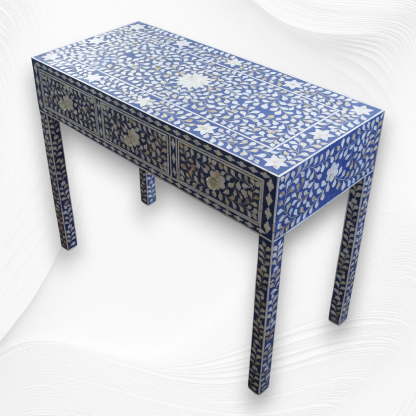 Blue Mother Of Pearl Inlay Floral 3 Drawer Console Table – Luxury ...