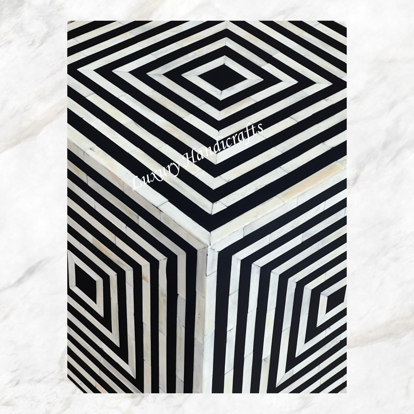 Bone Inlay Stripe Cube Side Table Black – Luxury Handicraft