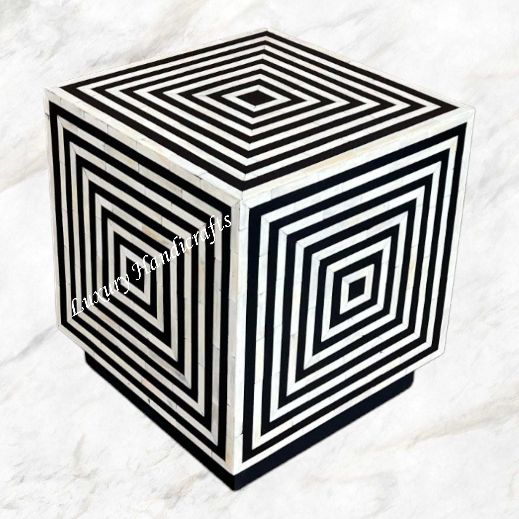 Bone Inlay Stripe Cube Side Table Black – Luxury Handicraft