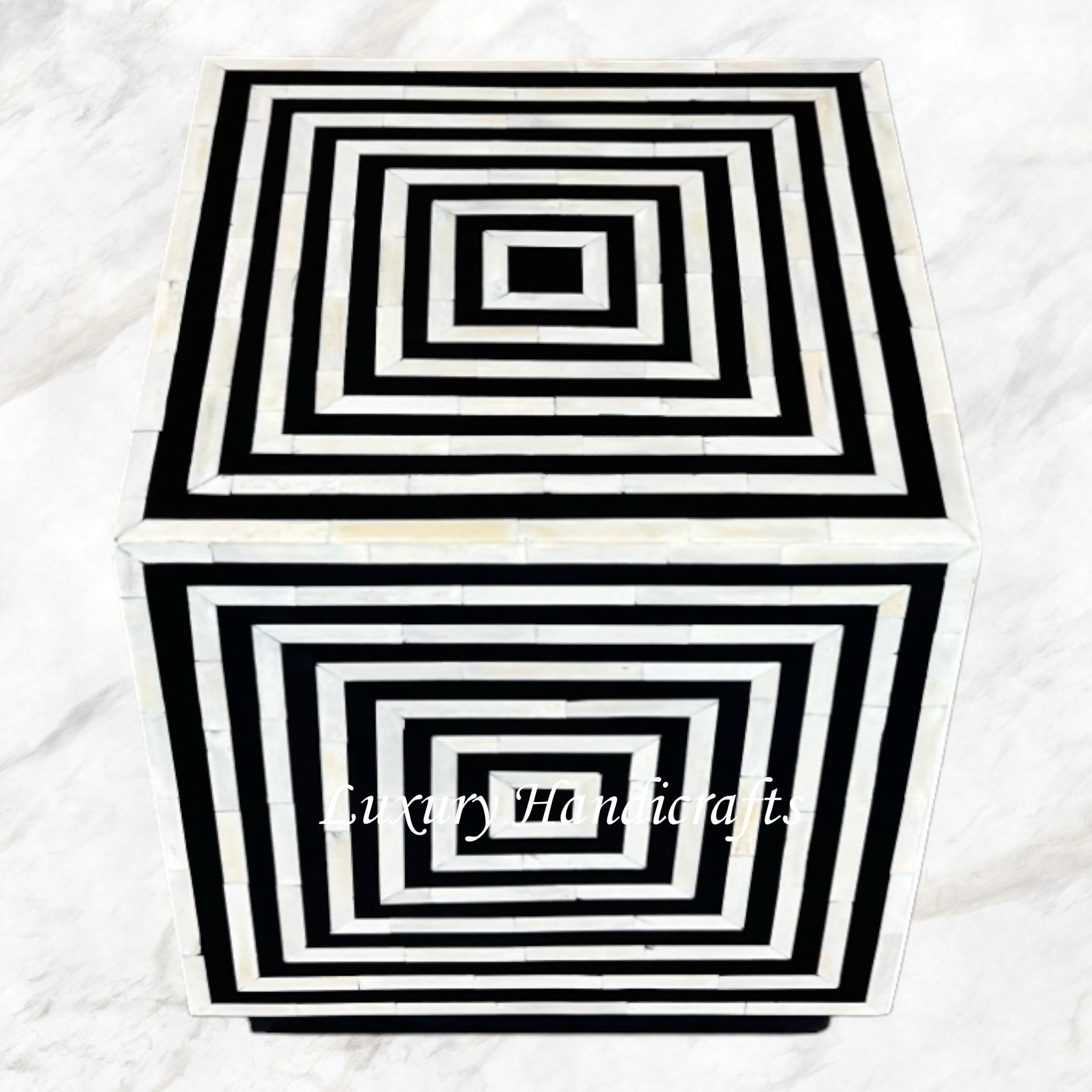 Bone Inlay Stripe Cube Side Table Black – Luxury Handicraft