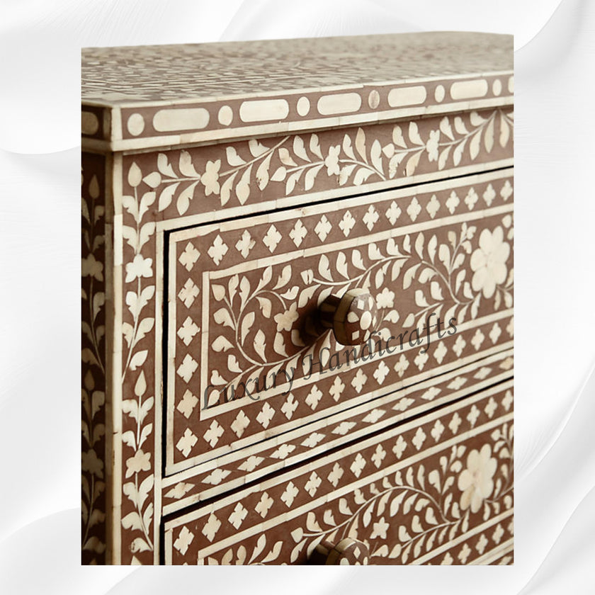 Bone Inlay 3 Drawer Chest Floral Design Brown – Luxury Handicraft