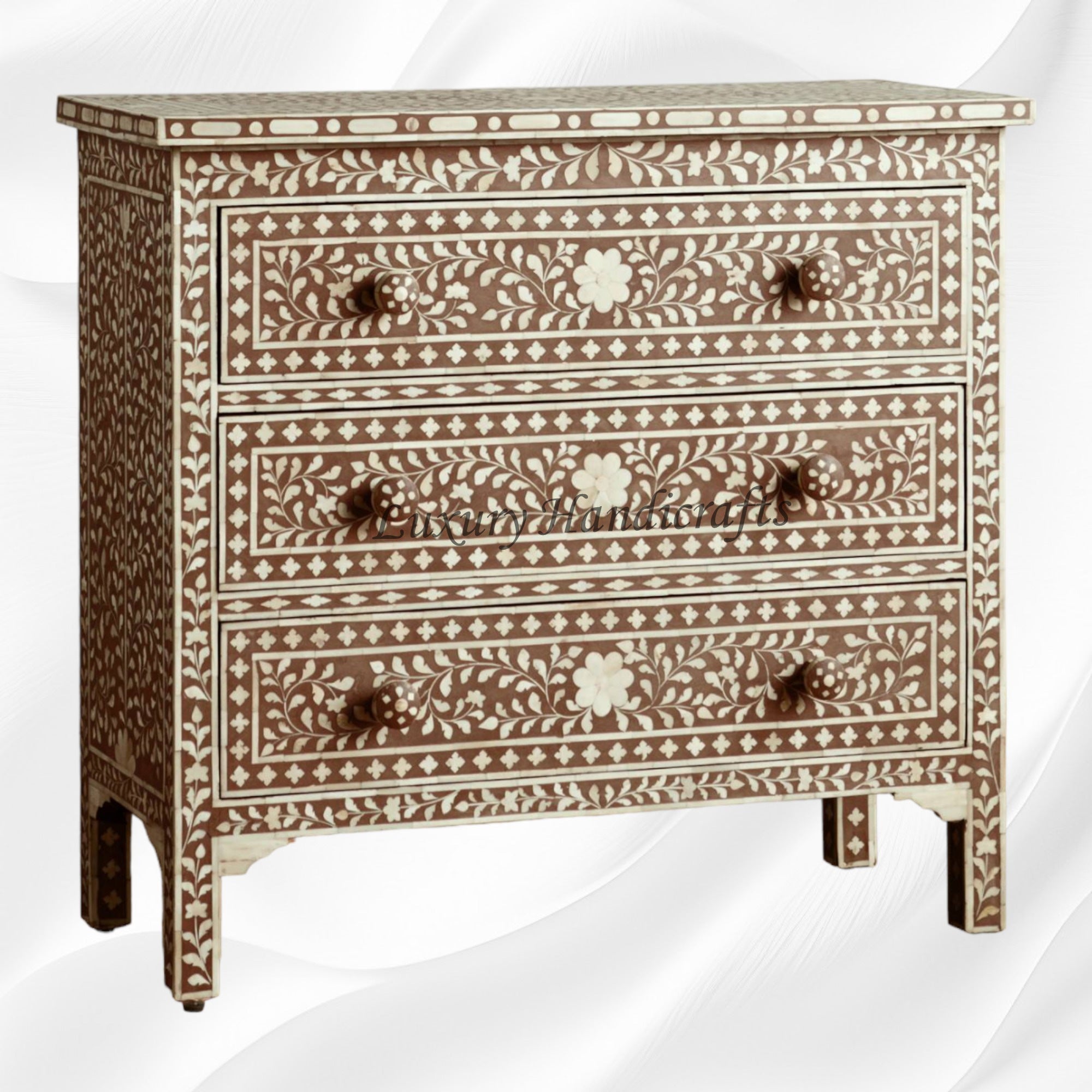 Bone Inlay 3 Drawer Chest Floral Design Brown – Luxury Handicraft