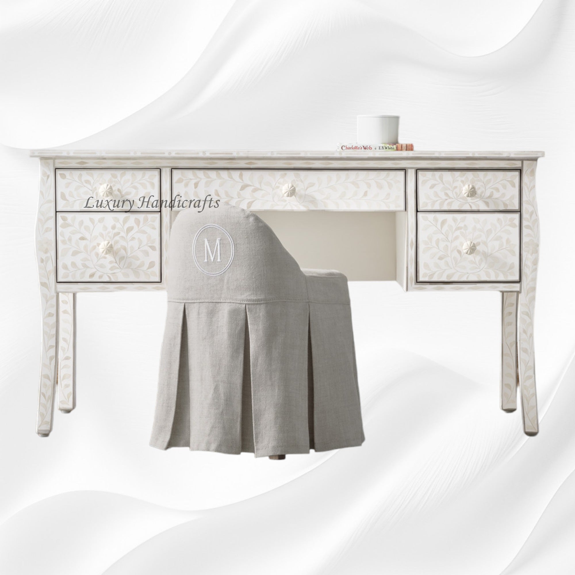 Bone Inlay Curved 5 Drawer Floral Desk White – Luxury Handicraft