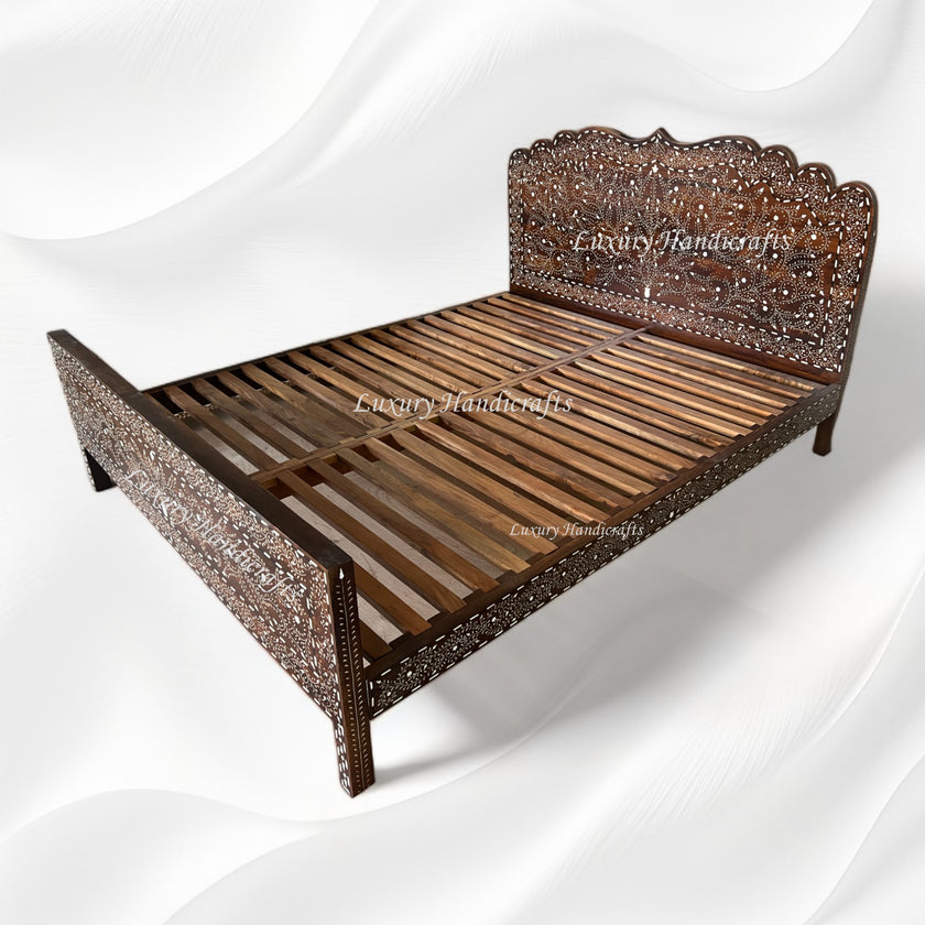 Bone Inlaid Teakwood Bed Mehraab Walnut Finish – Luxury Handicraft