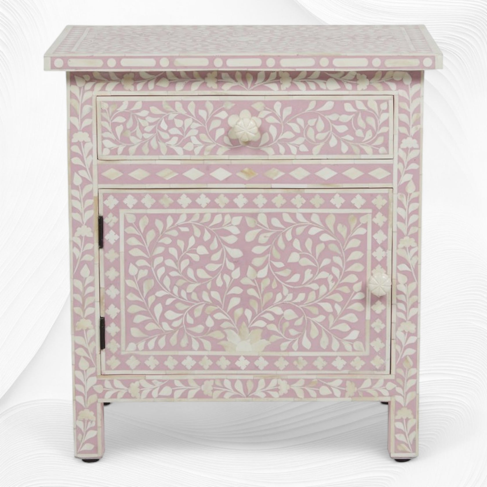 Bone Inlay Bedside Floral 1 Drawer 1 Door Blush Pink – Luxury Handicraft