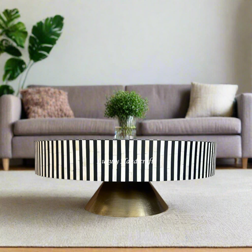 Bone Inlay Center Table Black Stripe Conical Base – Luxury Handicraft