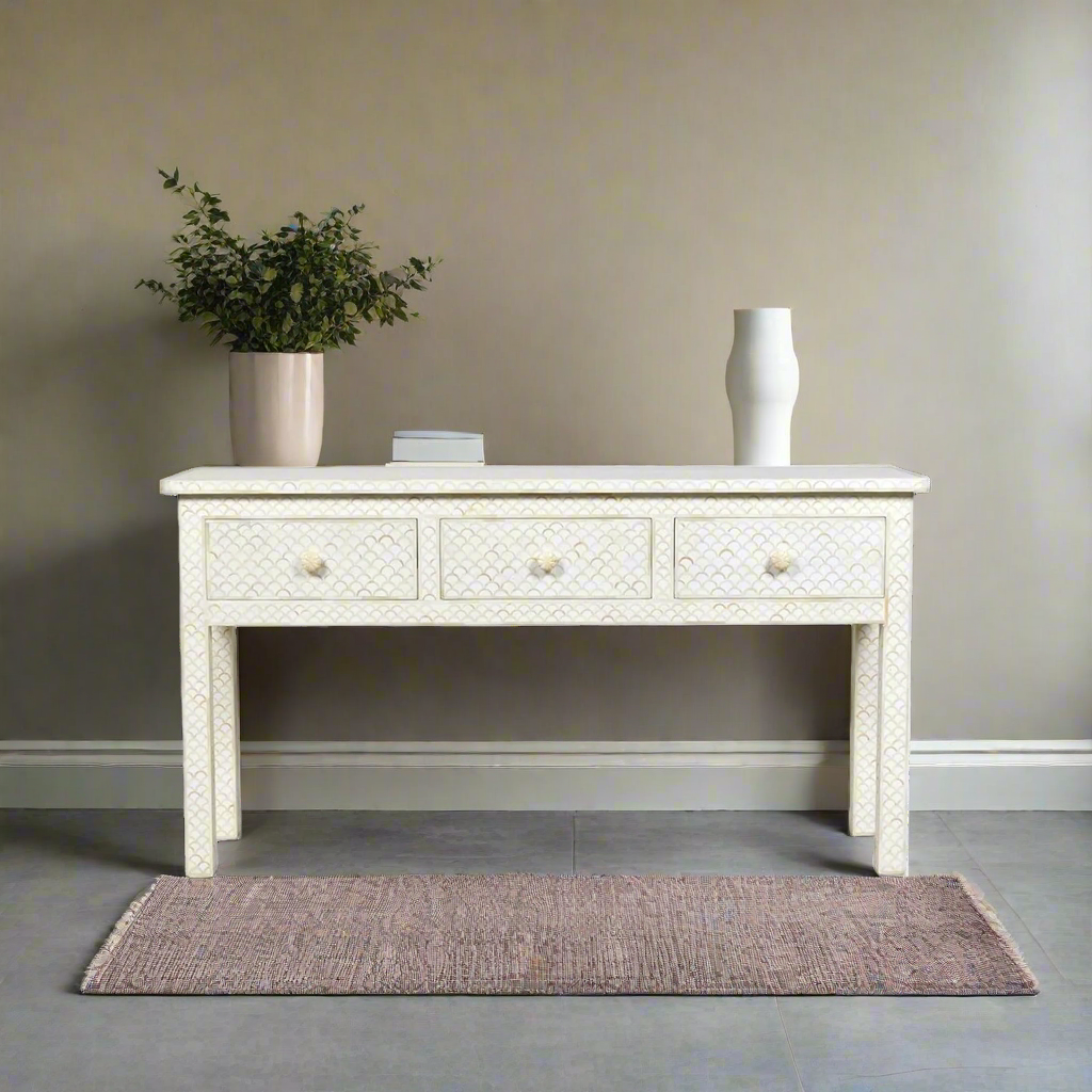 White Bone Inlay Fishscale Console 3 Drawer – Luxury Handicraft