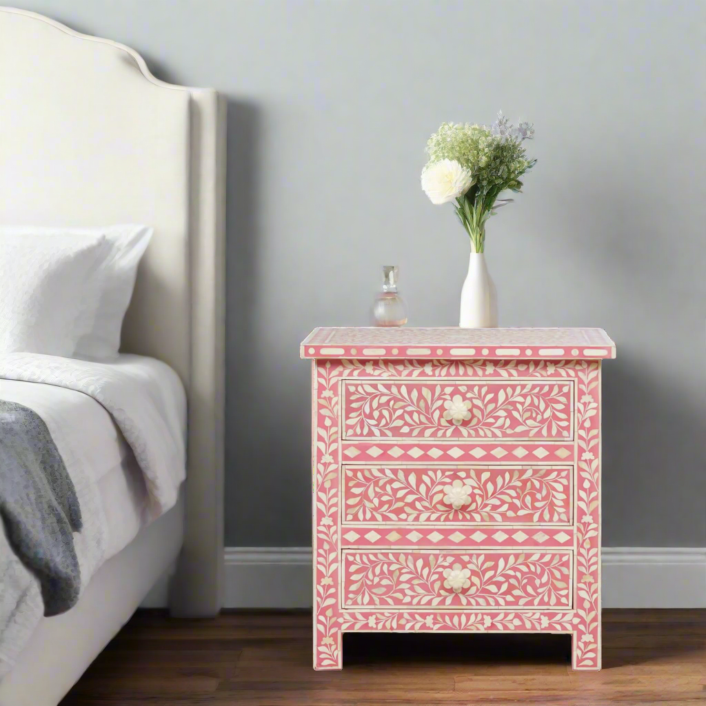 Bone Inlay Floral 3 Drawer Bedside Pink – Luxury Handicraft