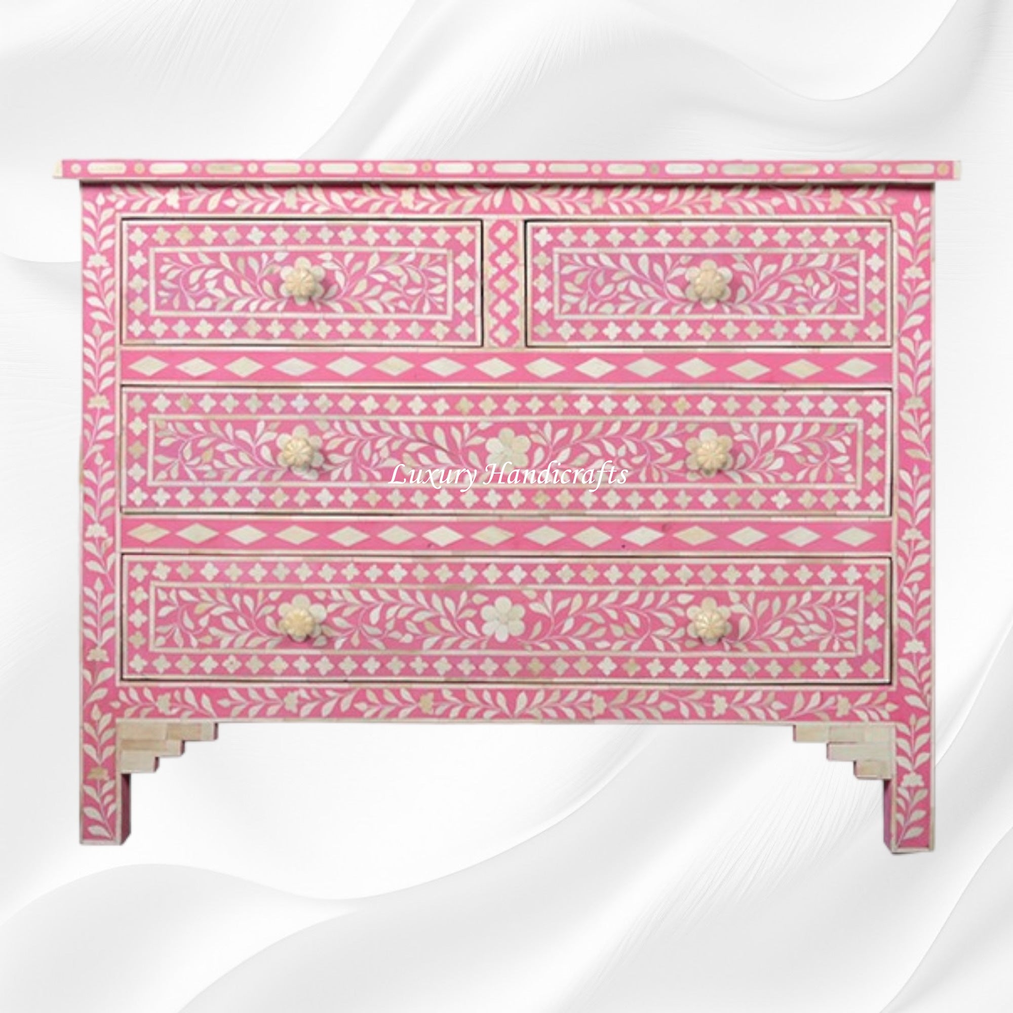 Bone Inlay Floral Chest Of 4 Drawer Pink – Luxury Handicraft