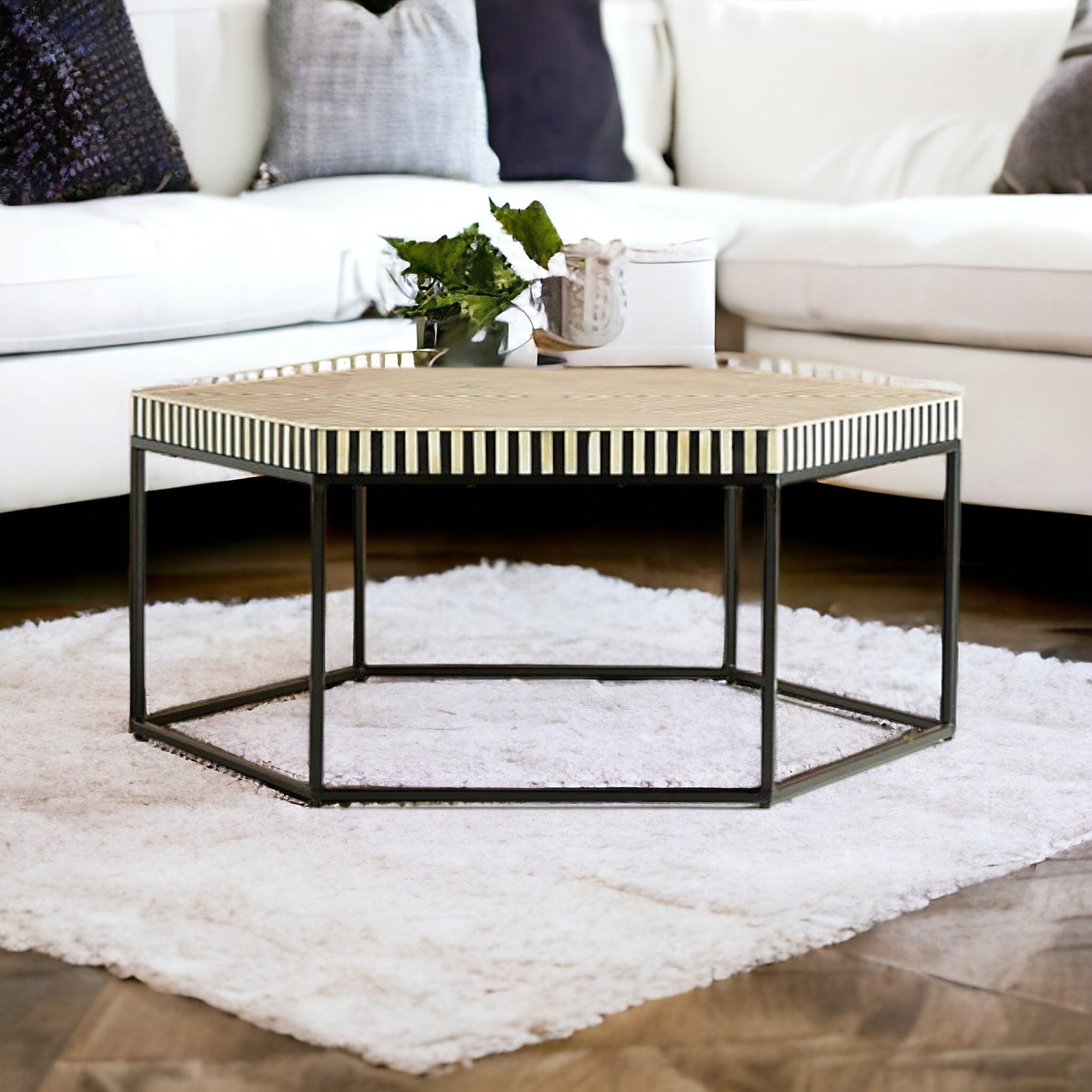 Bone Inlay Hexagonal Stripe Center Table Black – Luxury Handicraft