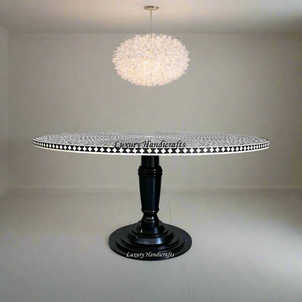 Bone Inlay Round Floral Dining Table Black Slim Base – Luxury Handicraft