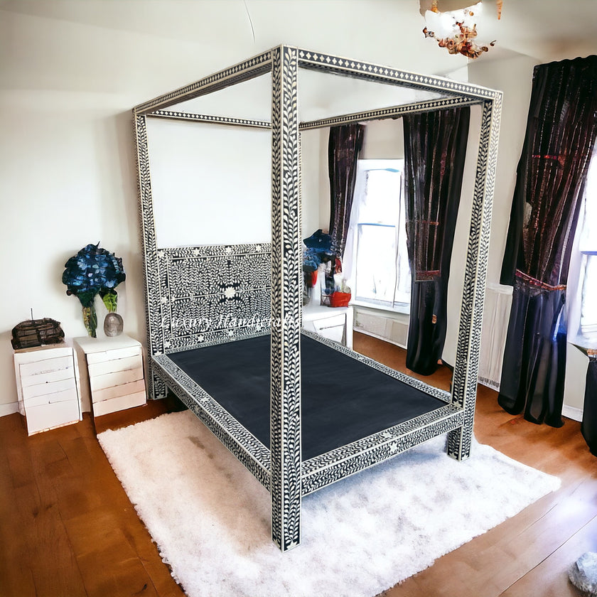 Bone Inlay Four Poster Single Bed Black – Luxury Handicraft