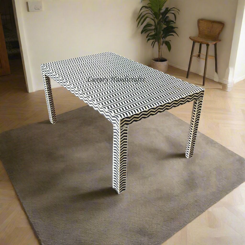 Chevron Bone Inlay Dining Table Black – Luxury Handicraft