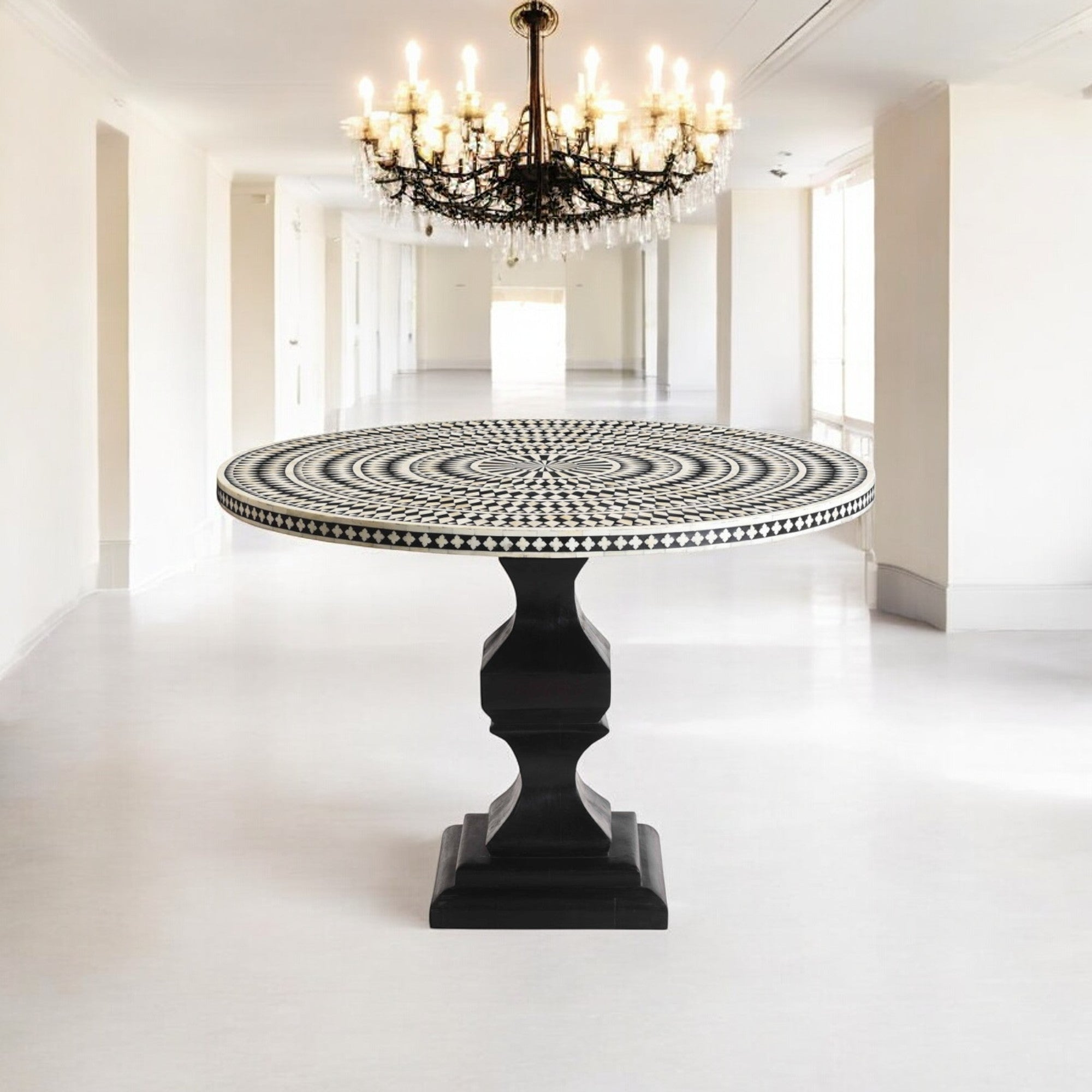 Diamond Bone Inlay Round Dining Table Black – Luxury Handicraft