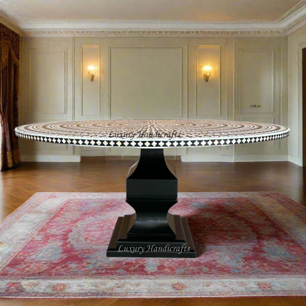Diamond MOP Inlay Round Dining Table Black – Luxury Handicraft