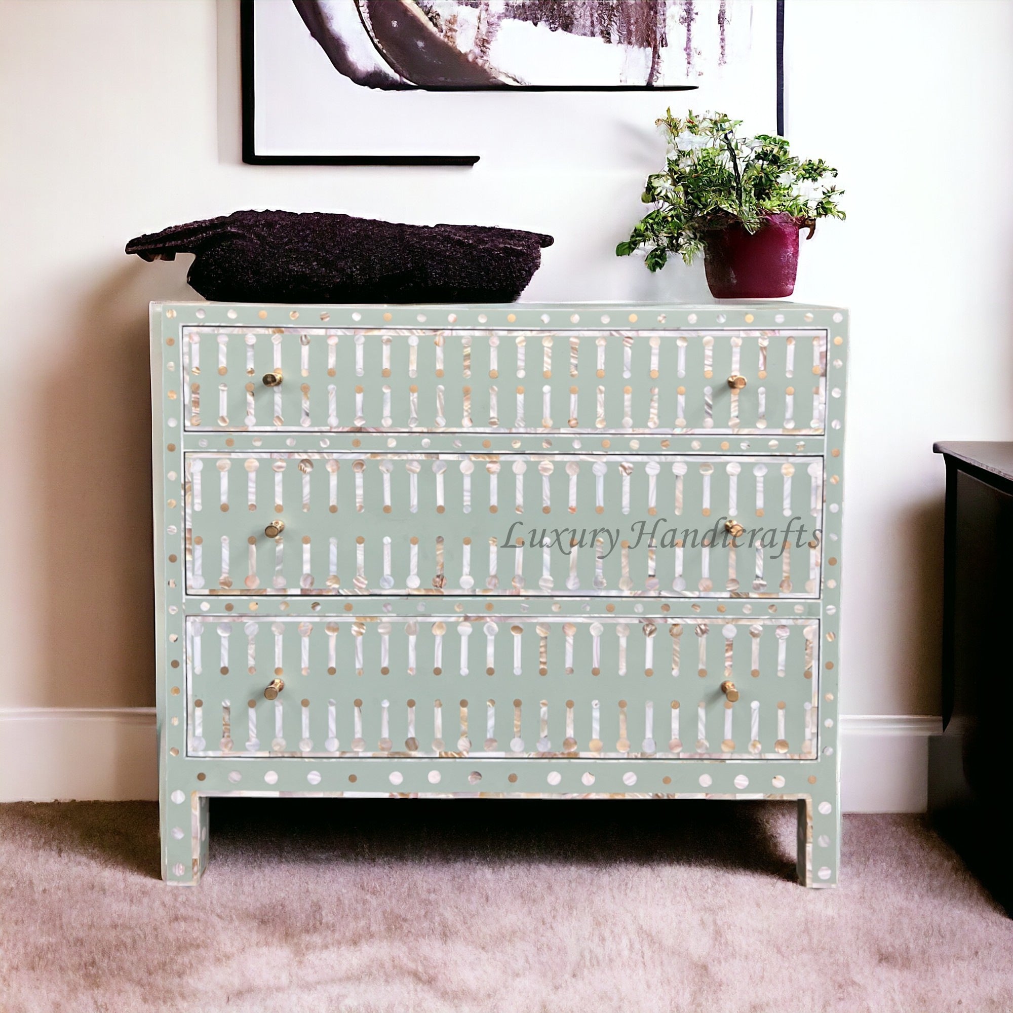 Dot MOP and Brass Inlay 3 Drawer Chest Light Green – Luxury Handicraft