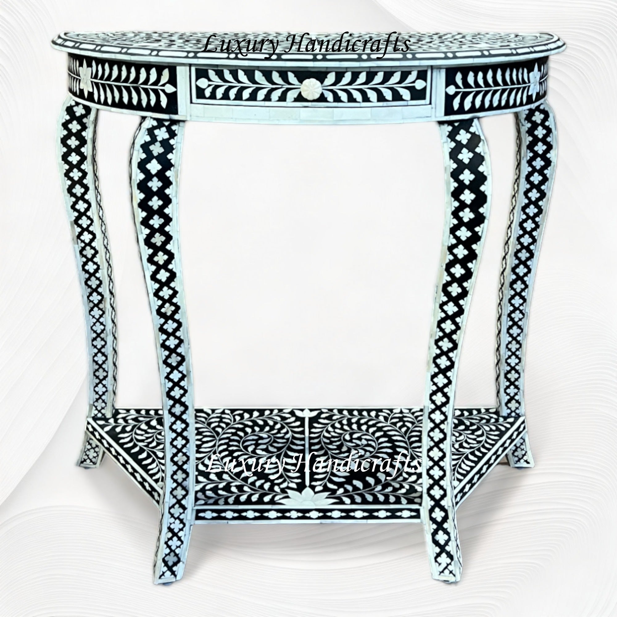 Floral Bone Inlay Half Moon Console Black – luxuryhandicrafts