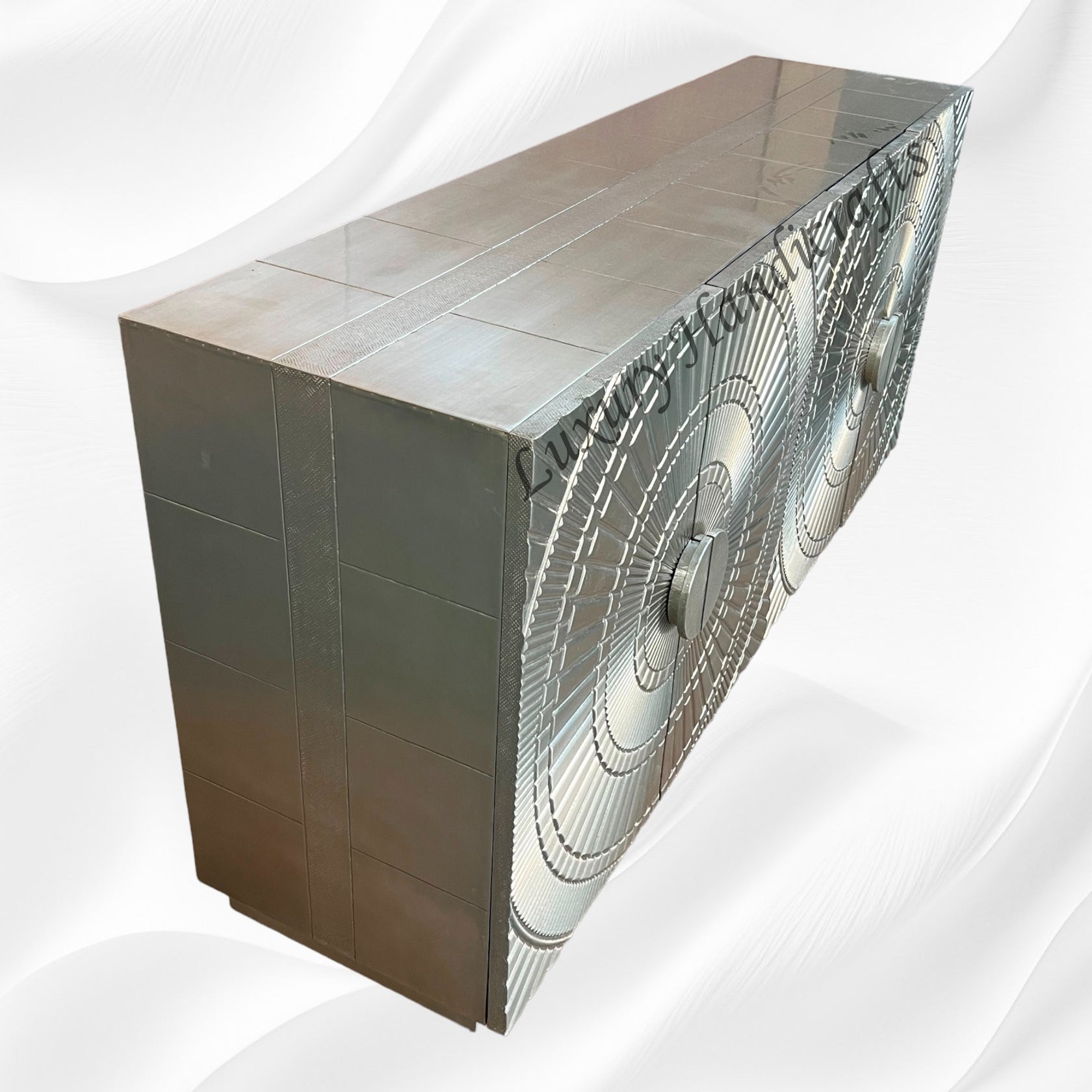Silver Metal Embossed Fusion 4 Door Cabinet – Luxury Handicraft
