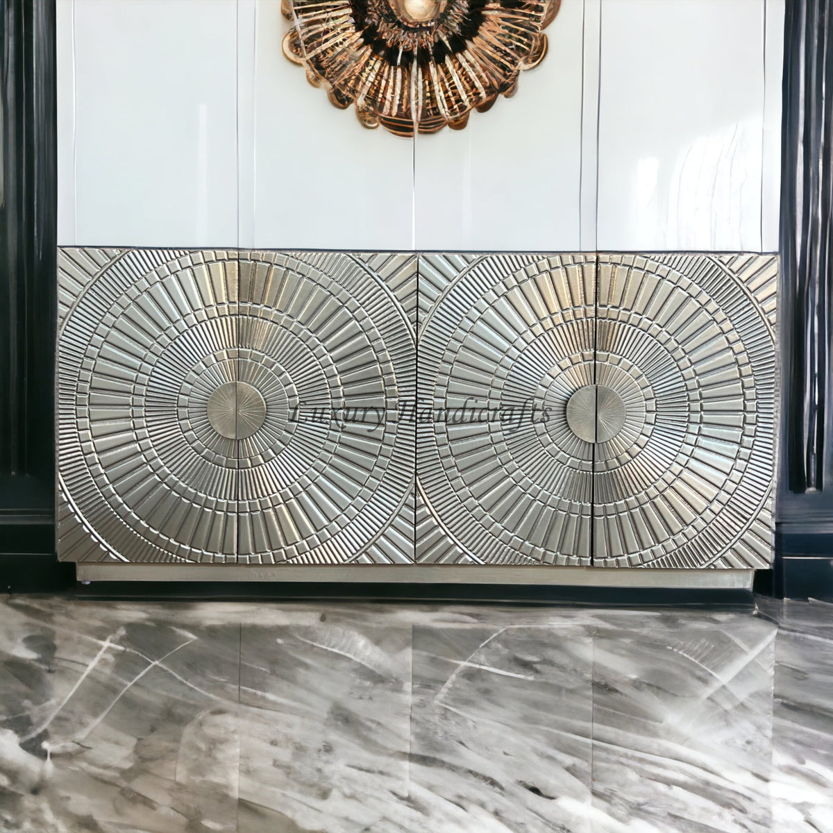 Silver Metal Embossed Fusion 4 Door Cabinet – luxuryhandicrafts