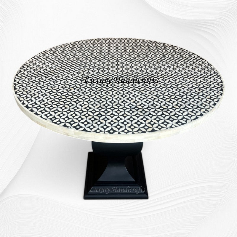 Geometric Bone Inlay Round Dining Table Black – Luxury Handicraft