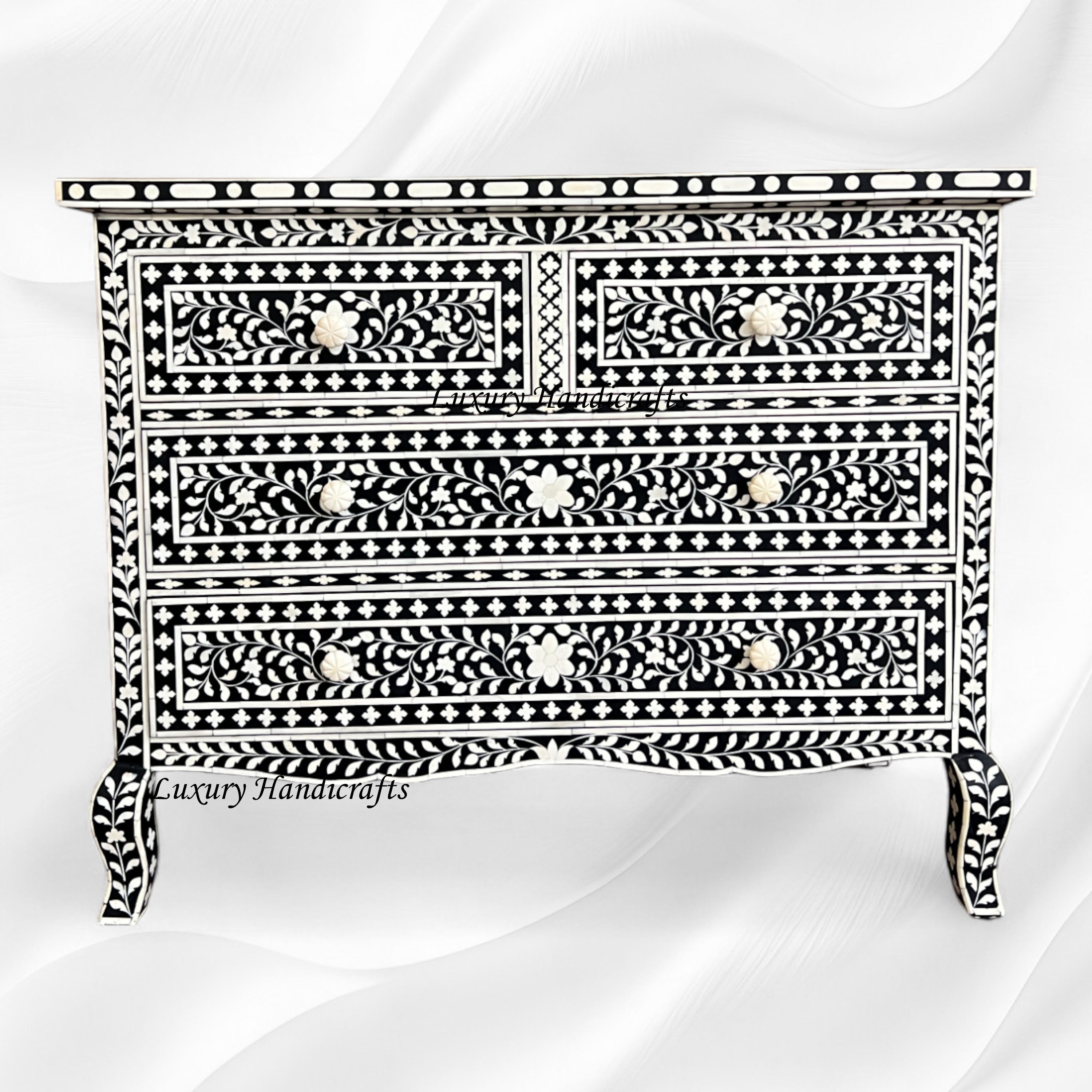 Grace Bone Inlay 4 Drawer Dresser Black | Black Bone Inlay Dresser ...