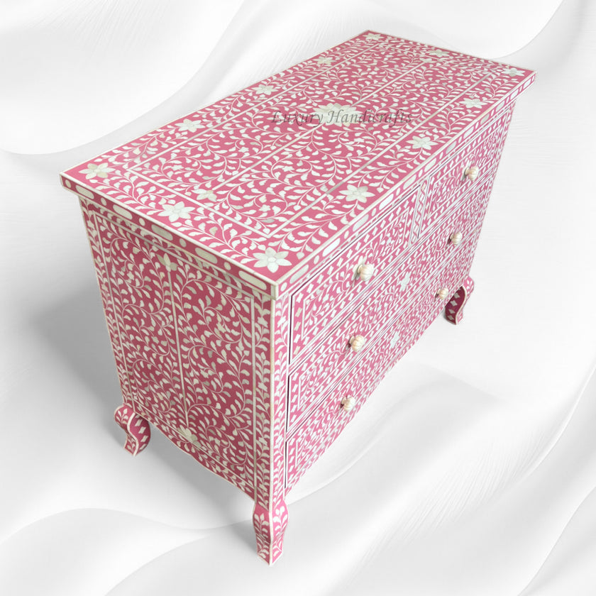 Grace Bone Inlay 4 Drawer Dresser Pink | Pink Bone Inlay Chest of Draw ...