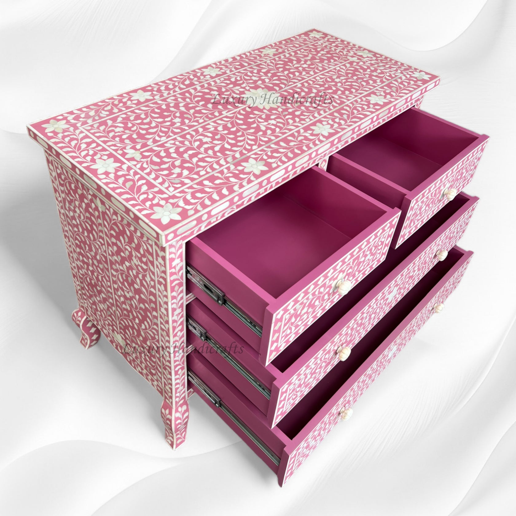 Grace Bone Inlay 4 Drawer Dresser Pink | Pink Bone Inlay Chest of Draw ...