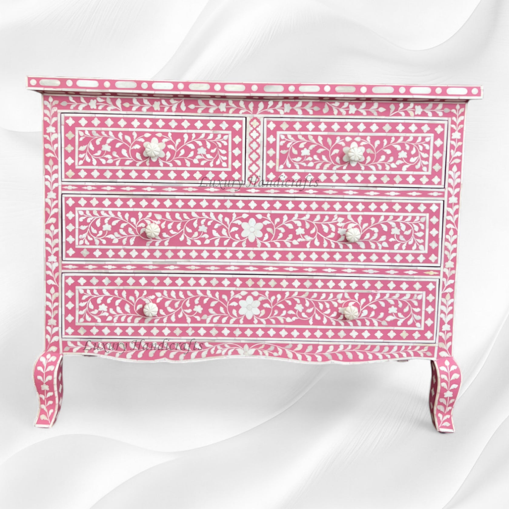 Grace Bone Inlay 4 Drawer Dresser Pink | Pink Bone Inlay Chest of Draw ...