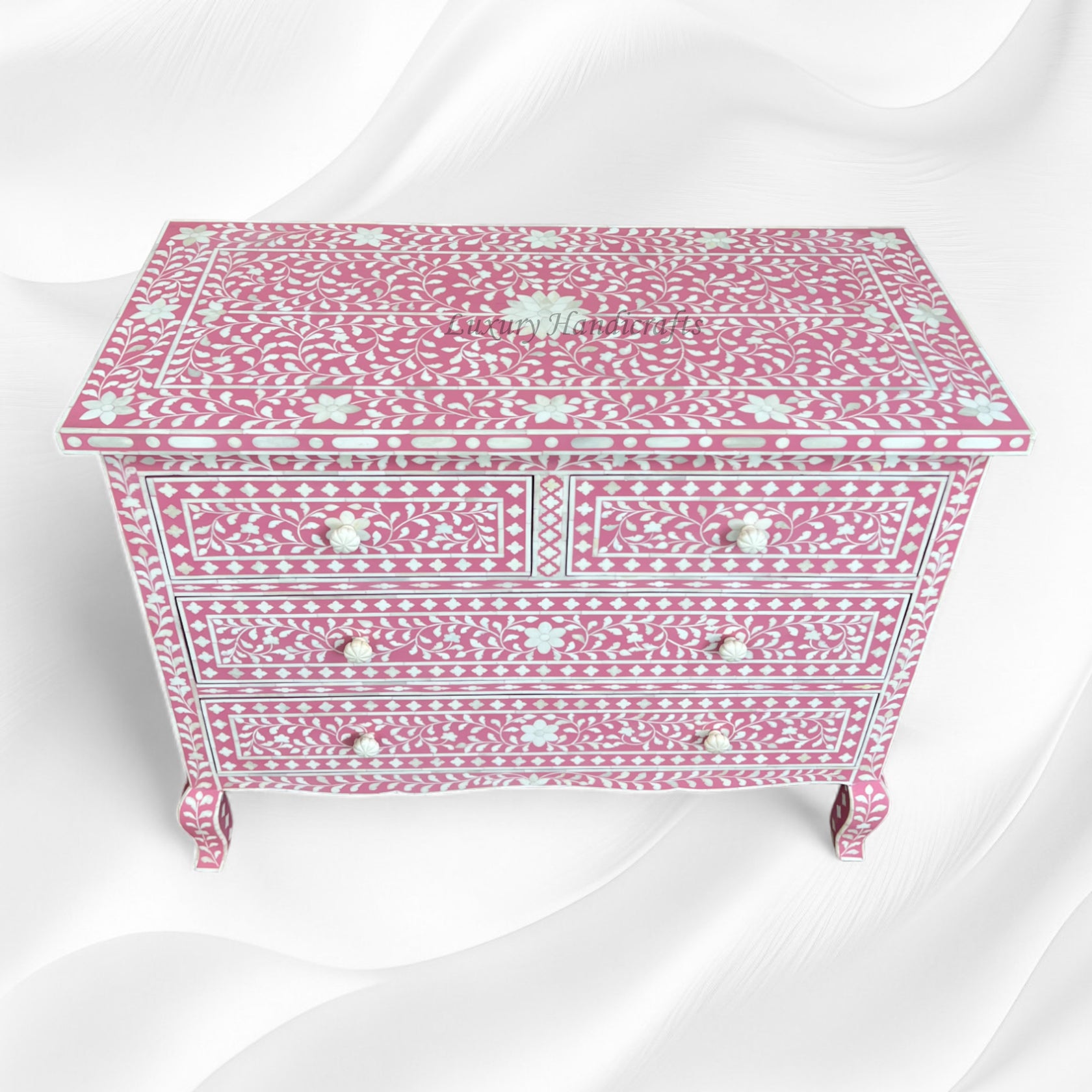 Grace Bone Inlay 4 Drawer Dresser Pink | Pink Bone Inlay Chest of Draw ...
