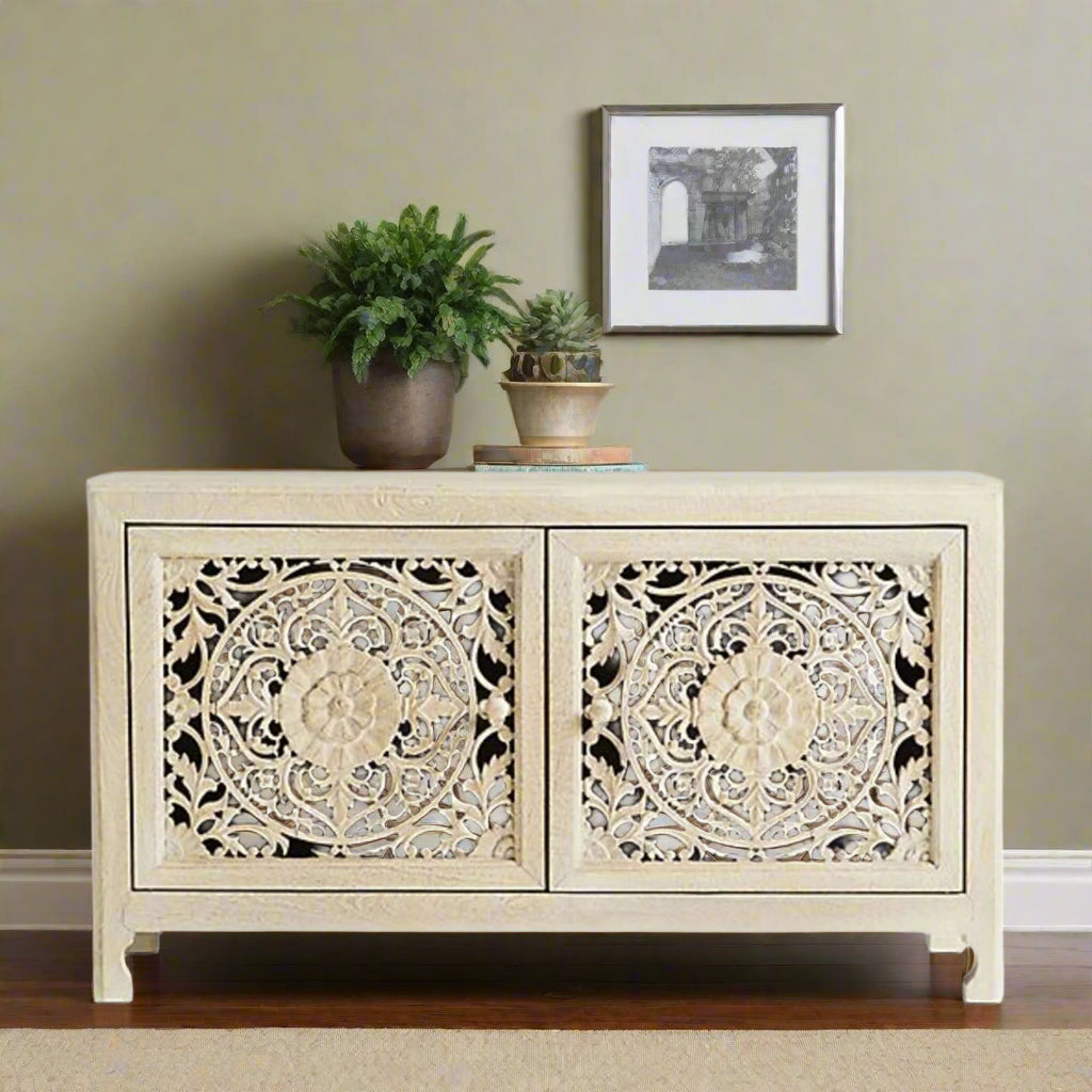 Handcarved Lombok Media Unit 2 Door White Wash – Luxury Handicraft