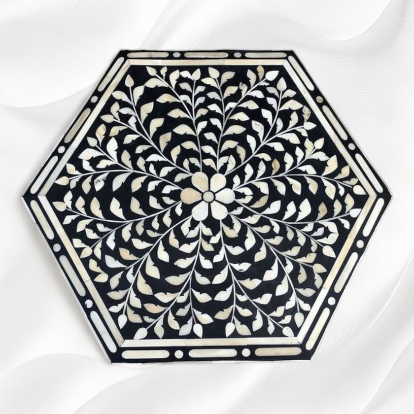 Bone Inlay Floral Design Hexagonal Table Black – Luxury Handicraft