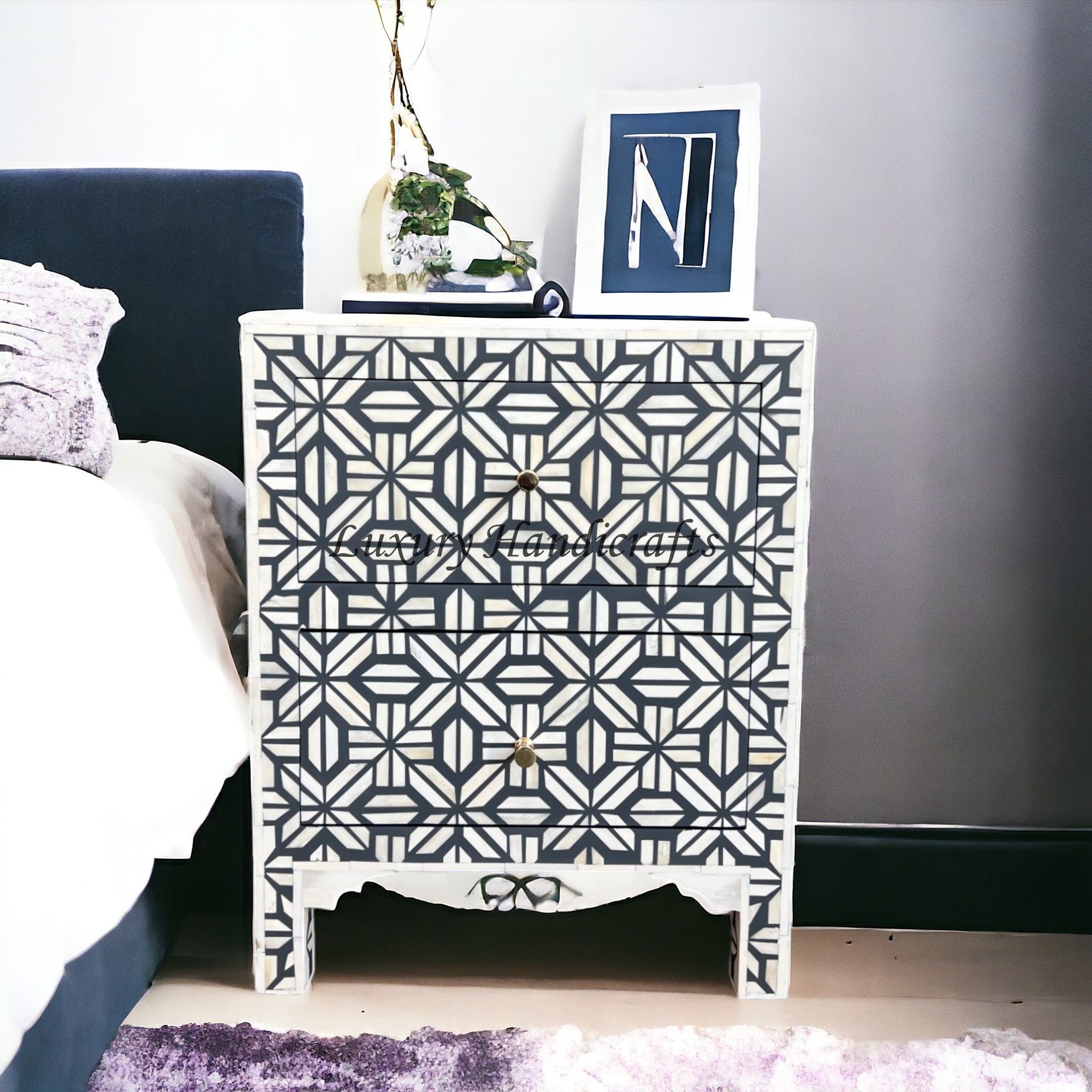 Hope Bone Inlay 2 Drawer Large Bedside Dark Grey – Luxury Handicraft