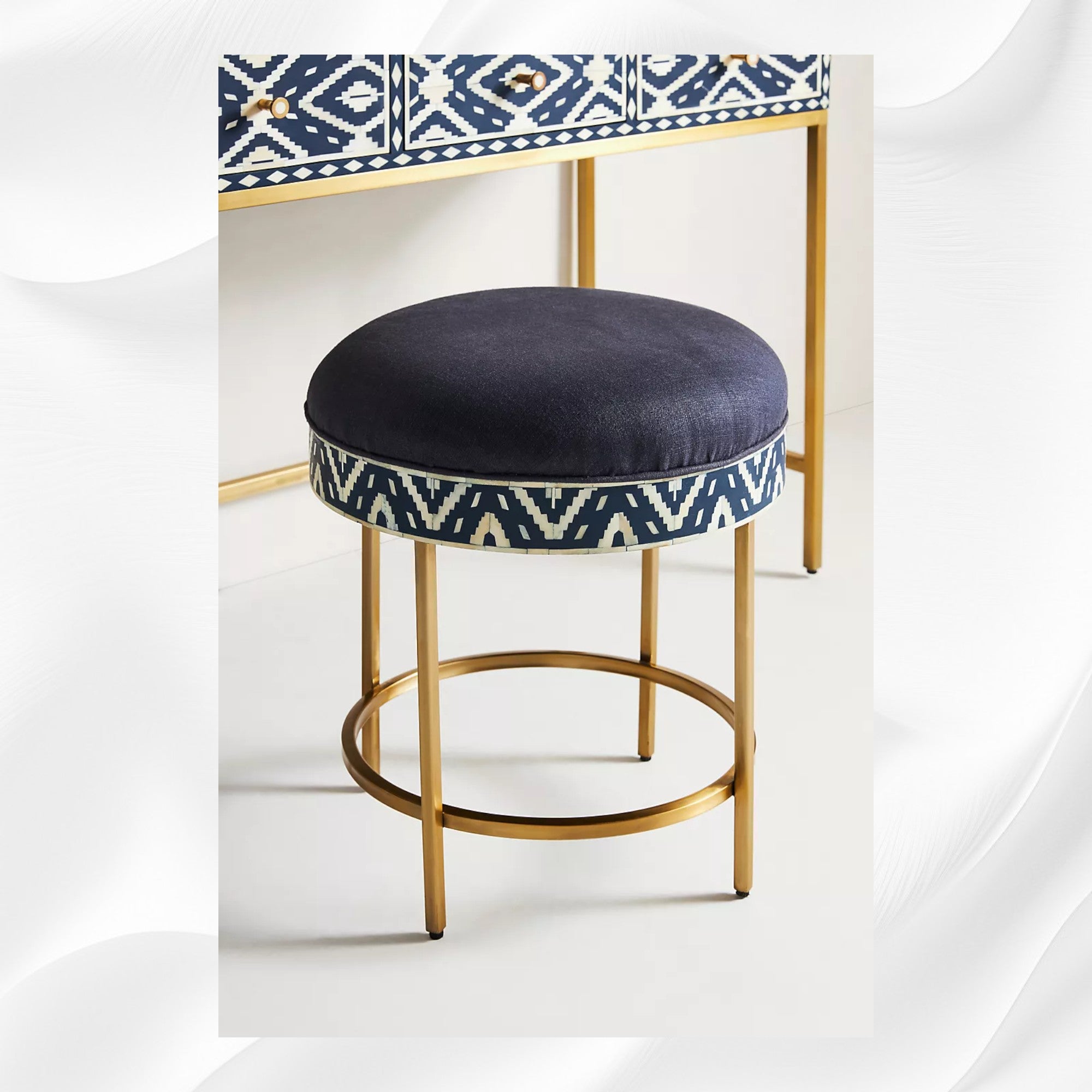 Ikat Bone Inlay Round Stool Blue – Luxury Handicraft