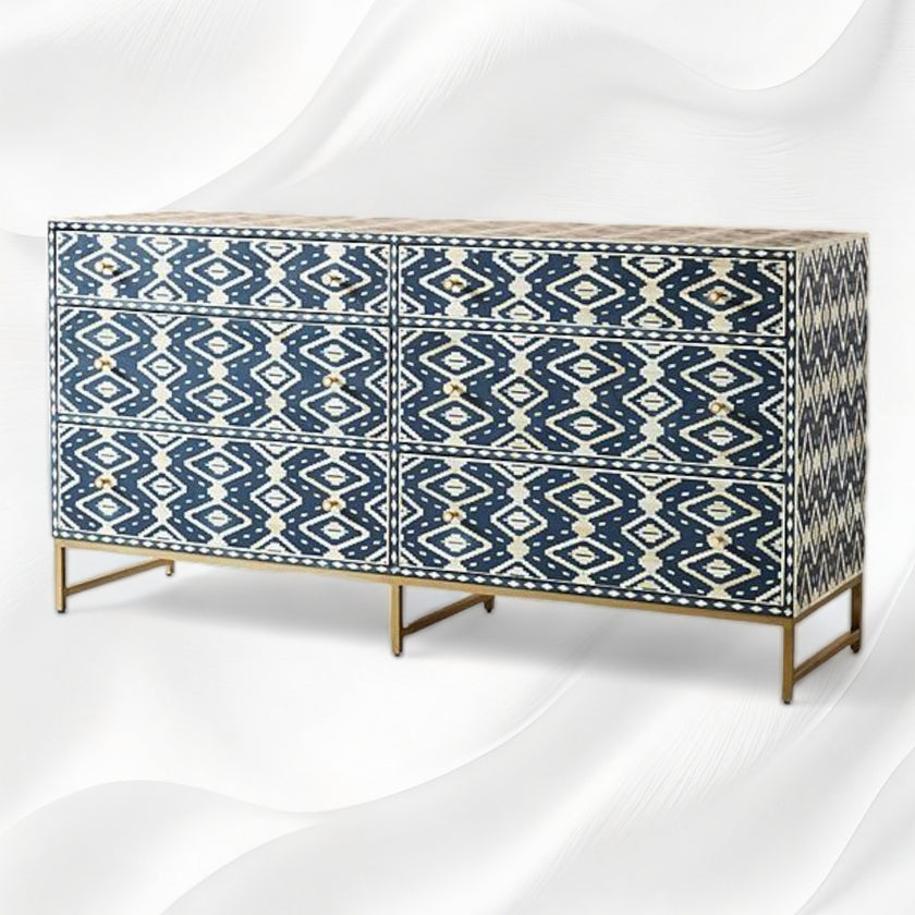Ikat Bone Inlay 6 Drawers Chest Indigo Blue – Luxury Handicraft