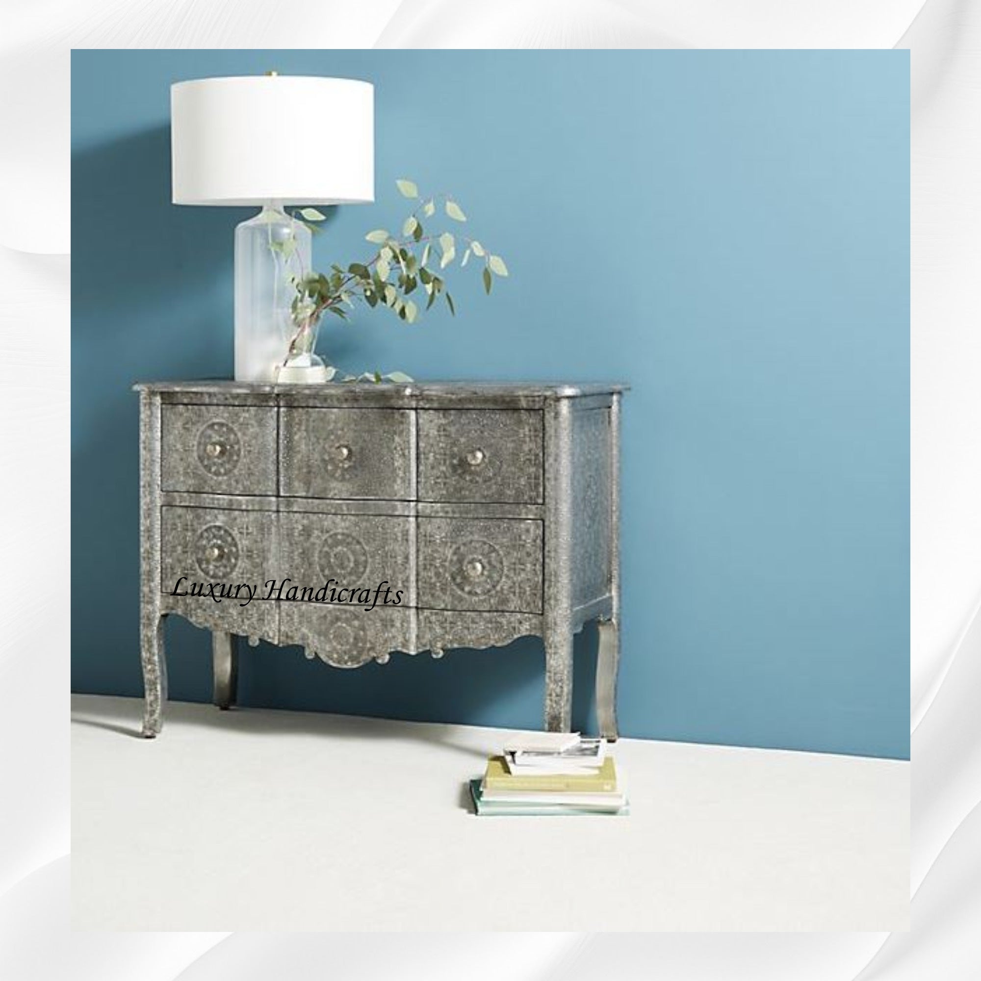 Jaden Antique White Metal Embossed 2 Drawer Chest – Luxury Handicraft