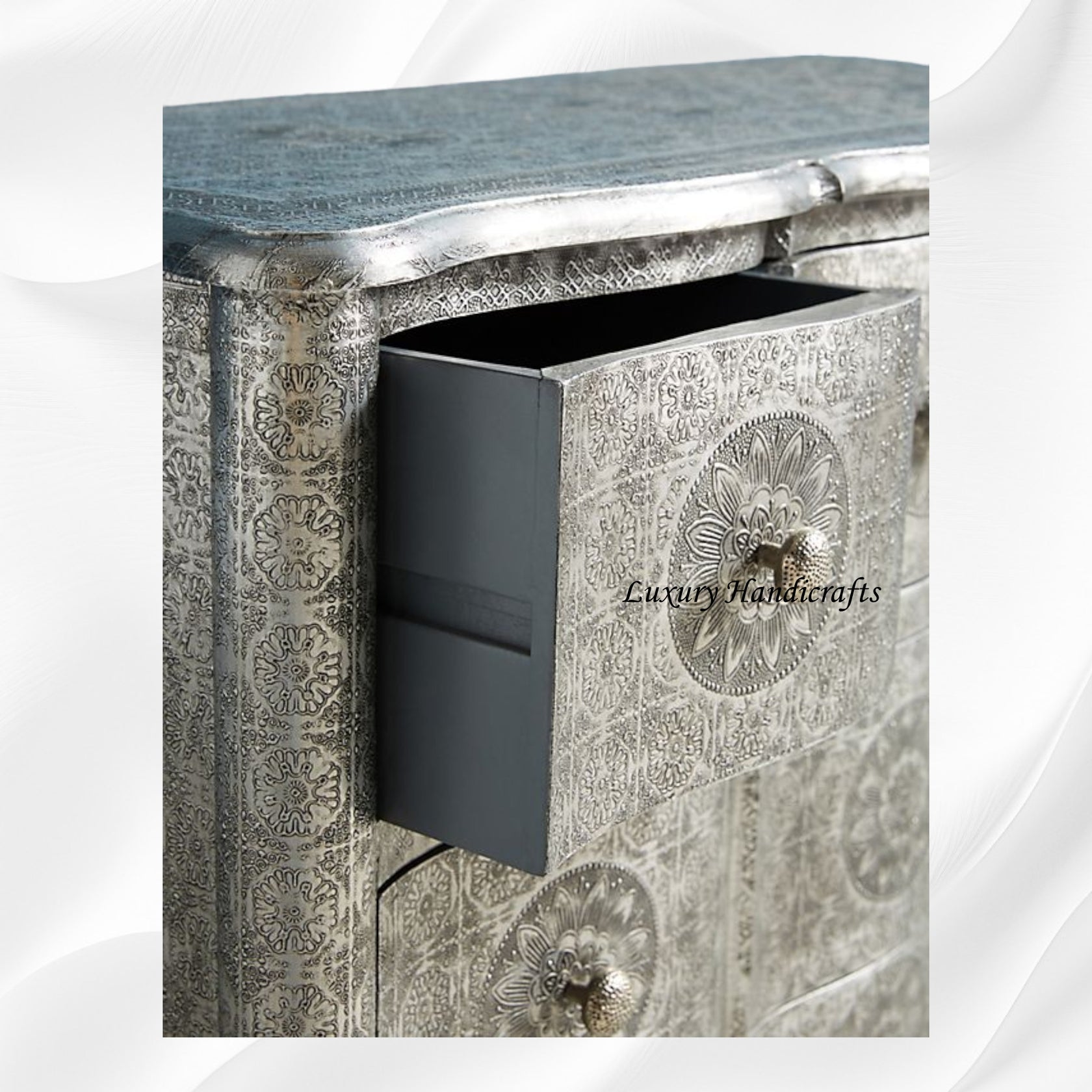 Jaden Antique White Metal Embossed 2 Drawer Chest – Luxury Handicraft