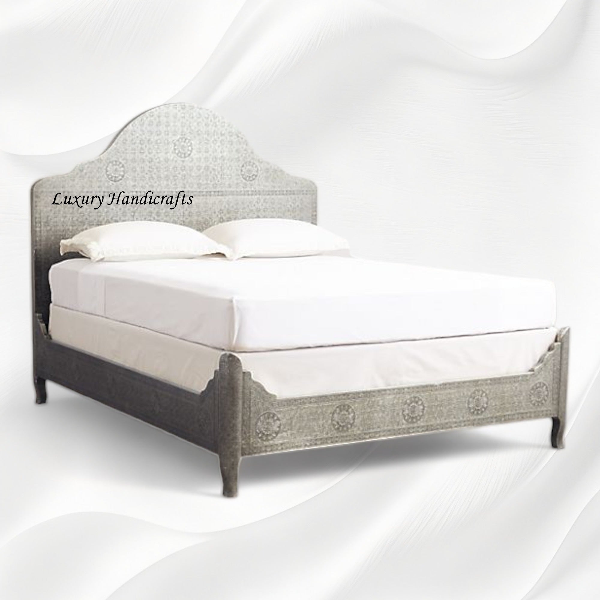 Jaden Antique White Metal Embossed Bed – Luxury Handicraft