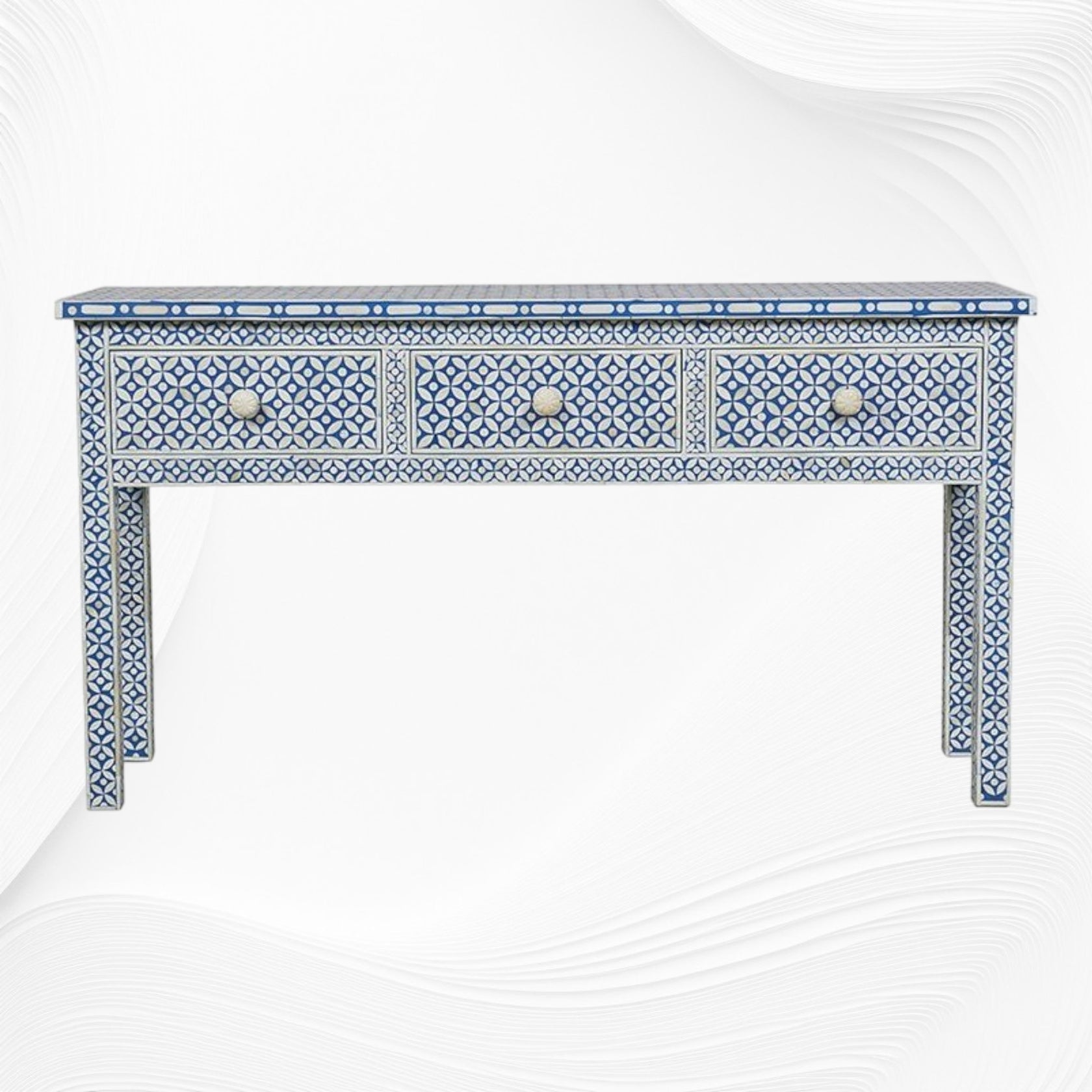 Joy Blue Bone Inlay Geometric 3 Drawer Console – Luxury Handicraft