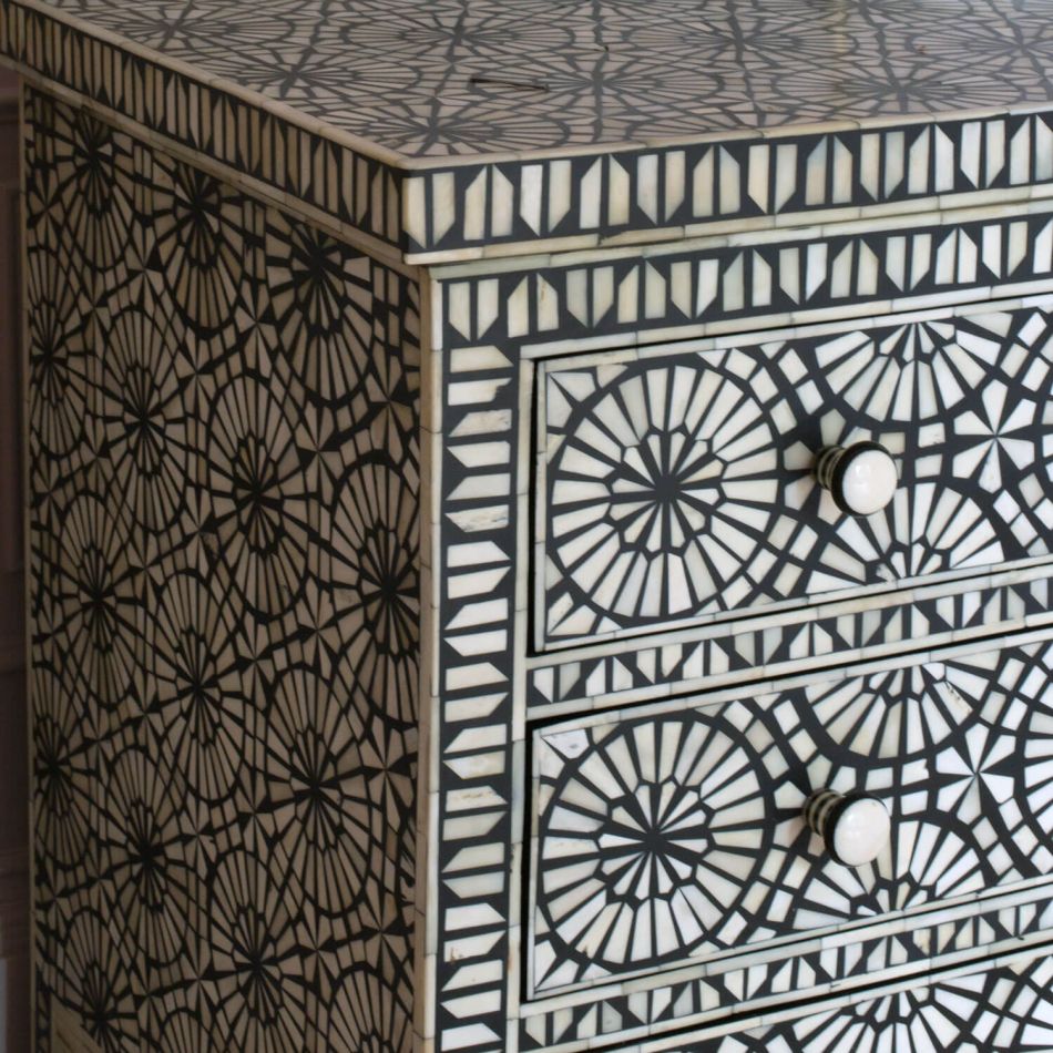 Kaleidoscope Bone Inlay Chest of 3 Drawers Black | Bone Inlay Drawer D ...