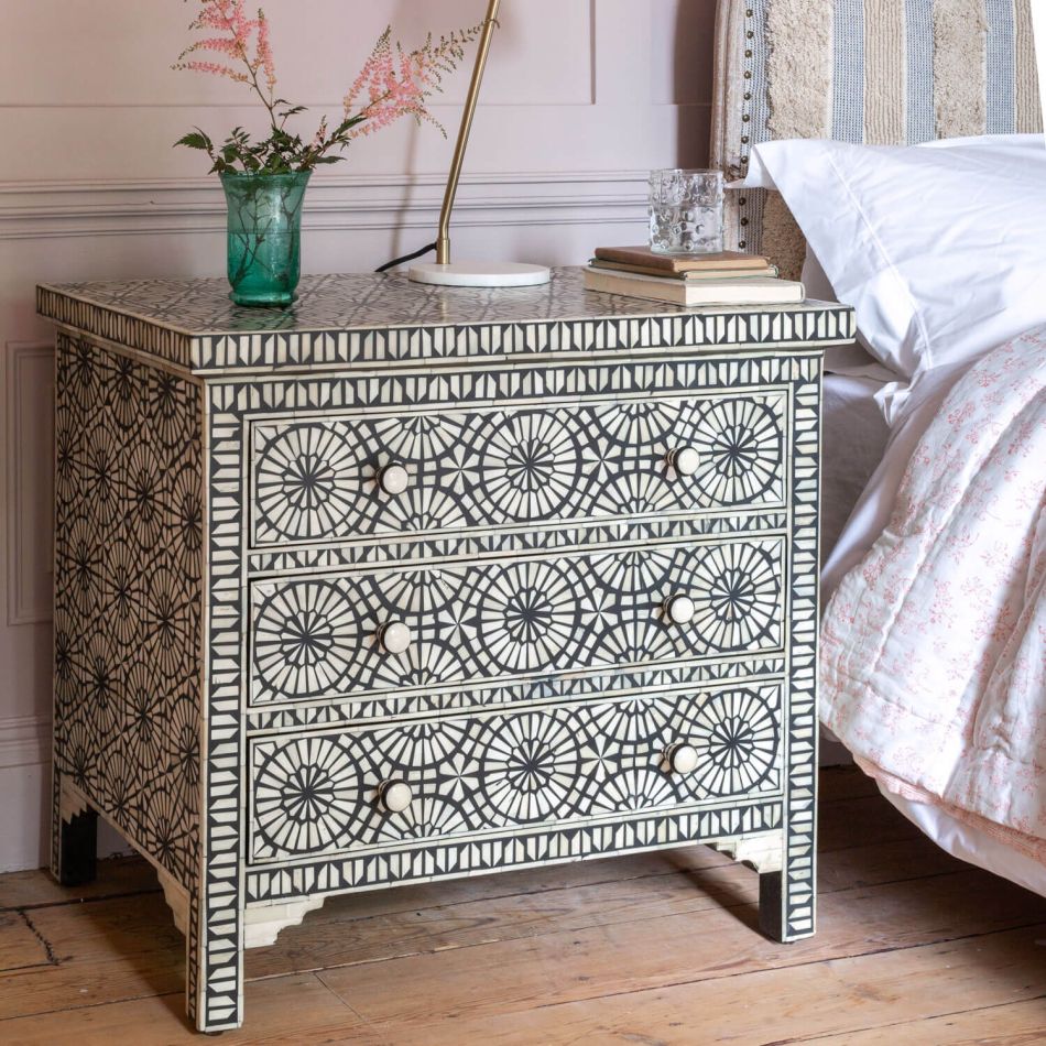 Kaleidoscope Bone Inlay Chest of 3 Drawers Black | Bone Inlay Drawer D ...