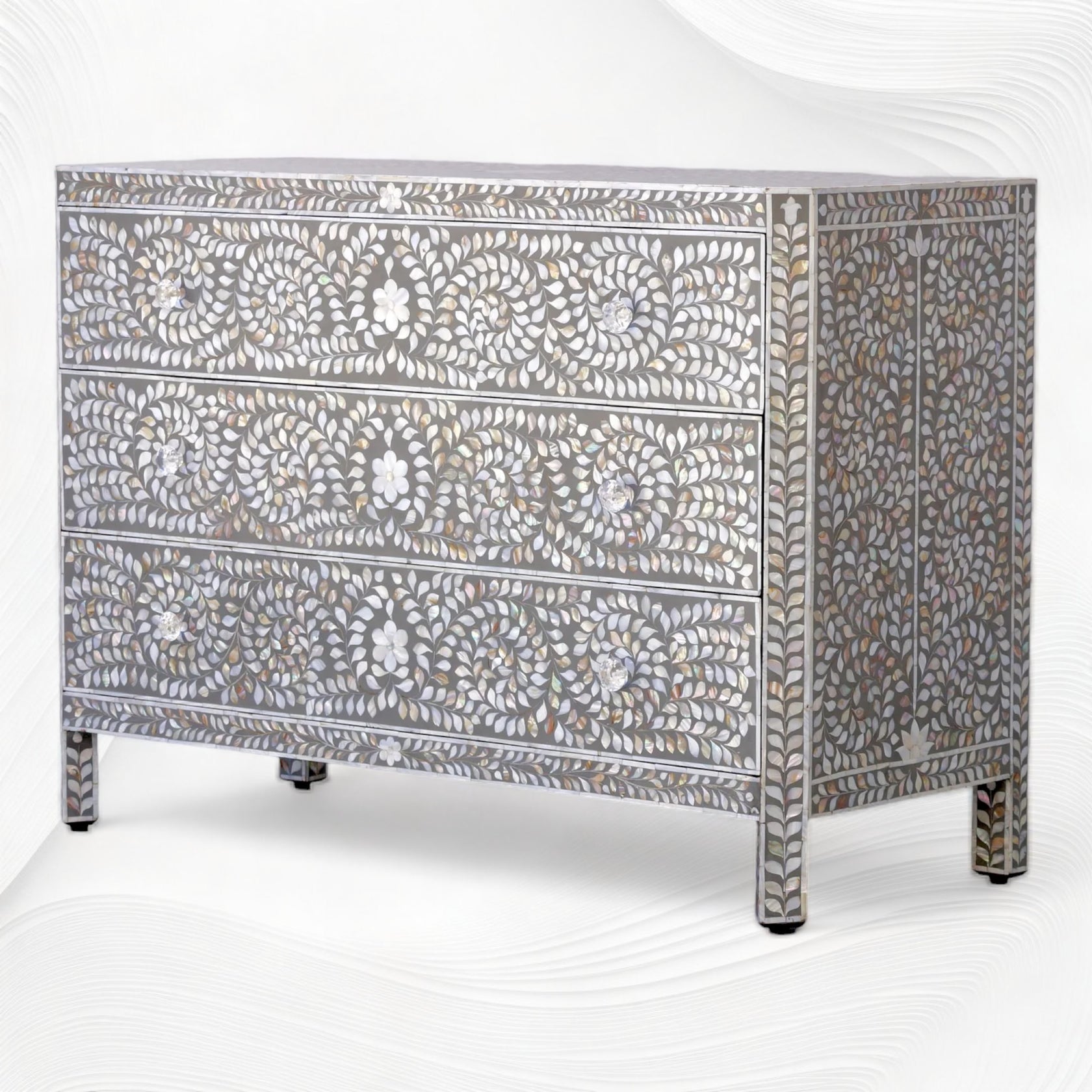 MOP Inlay Edge Floral 3 Drawer Dresser Dark Grey – Luxury Handicraft