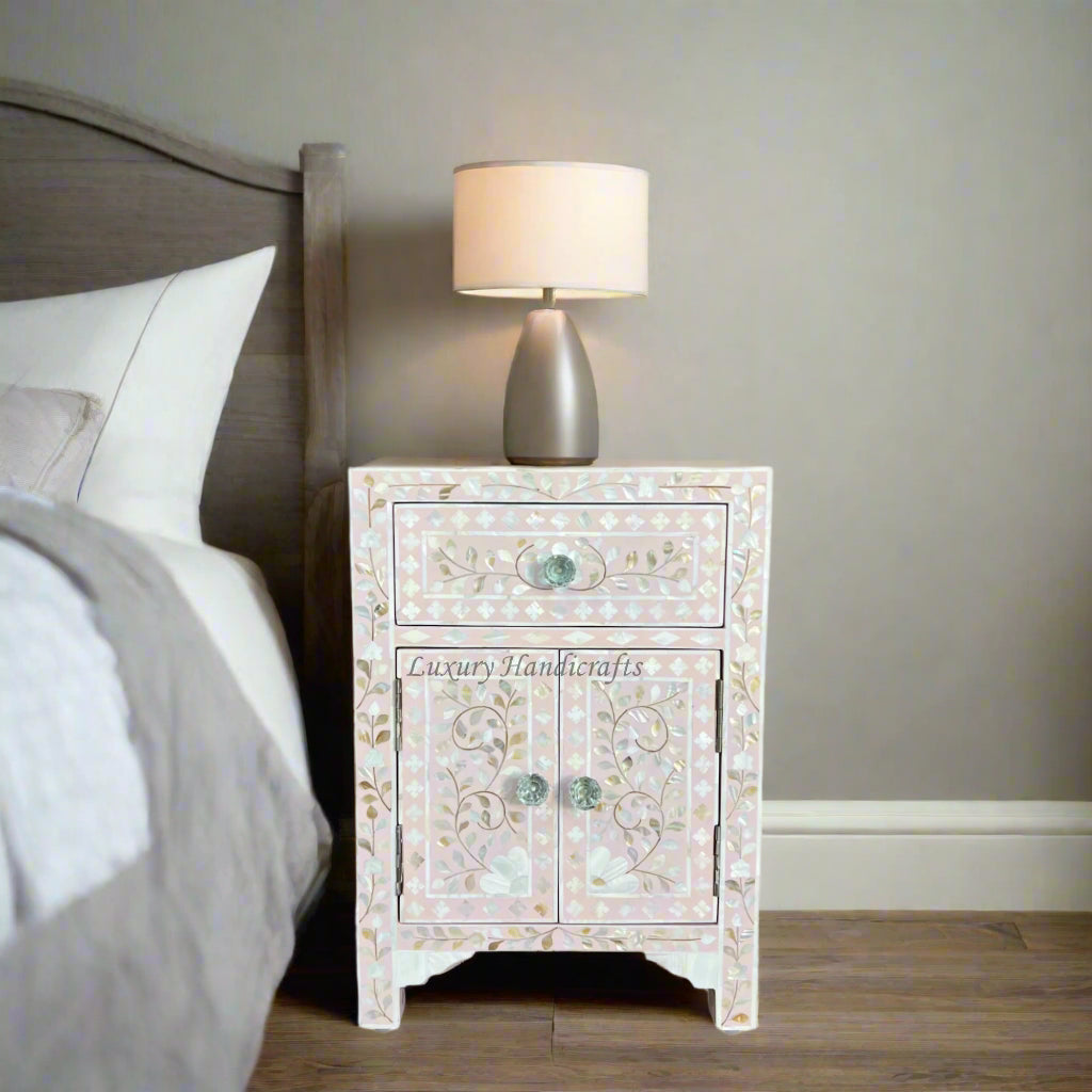 MOP 1 Drawer 2 Door Bedside Table Light Pink – Luxury Handicraft