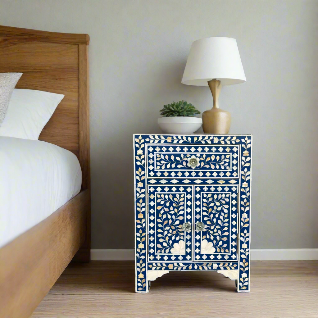 MOP Inlay 1 Drawer 2 Door Bedside Table Dark Blue – Luxury Handicraft