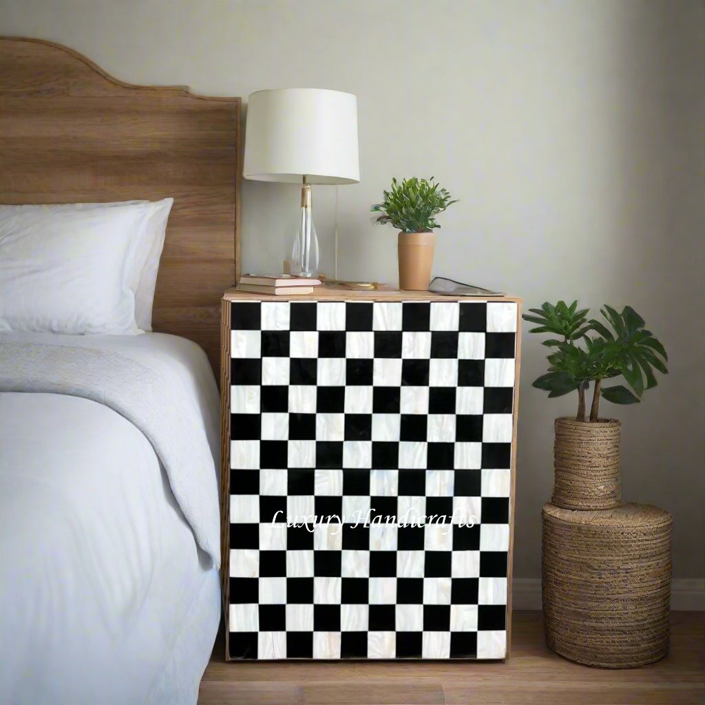 Bone Inlay Checkerboard Bedside Black – Luxury Handicraft