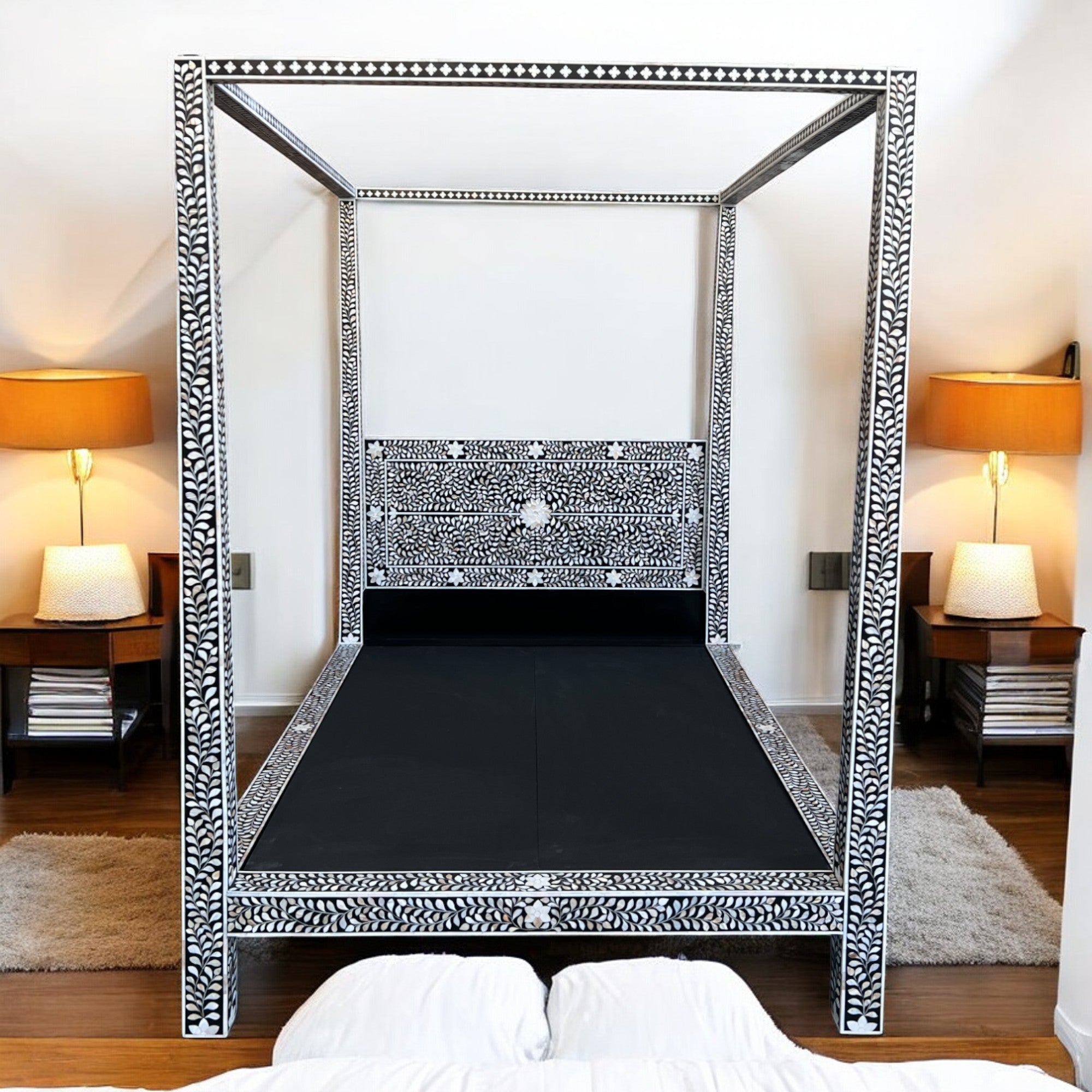 MOP Inlay Four Poster Single Bed Black – Luxury Handicraft