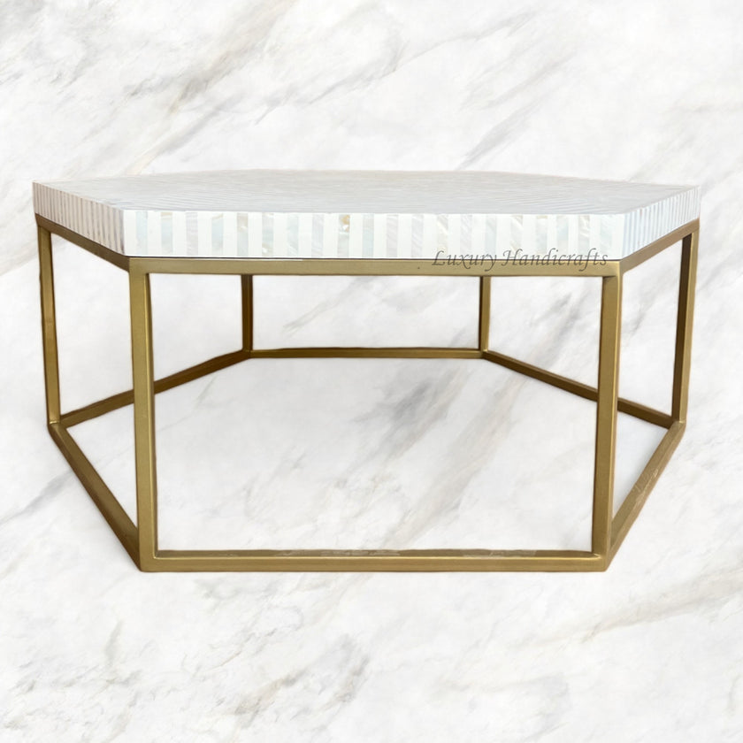MOP Inlay Hexagonal Stripe Center Table White Gold – luxuryhandicrafts