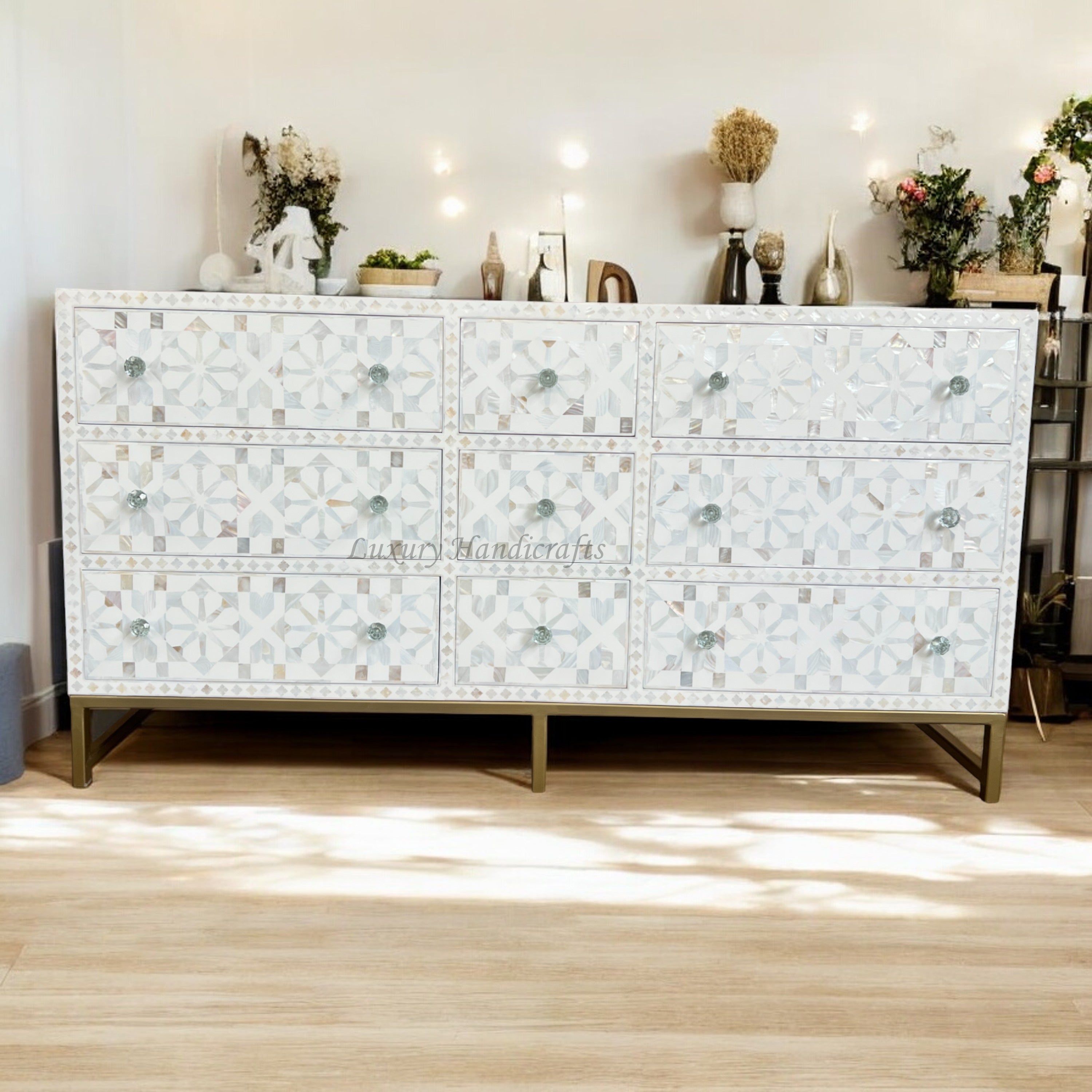 MOP Inlay Moroccan 9 Drawer Chest White – Luxury Handicraft